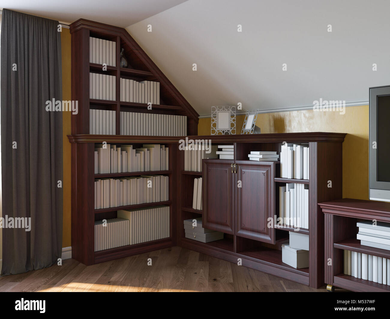 3d illustration of a home library on the attic floor of a private house ...
