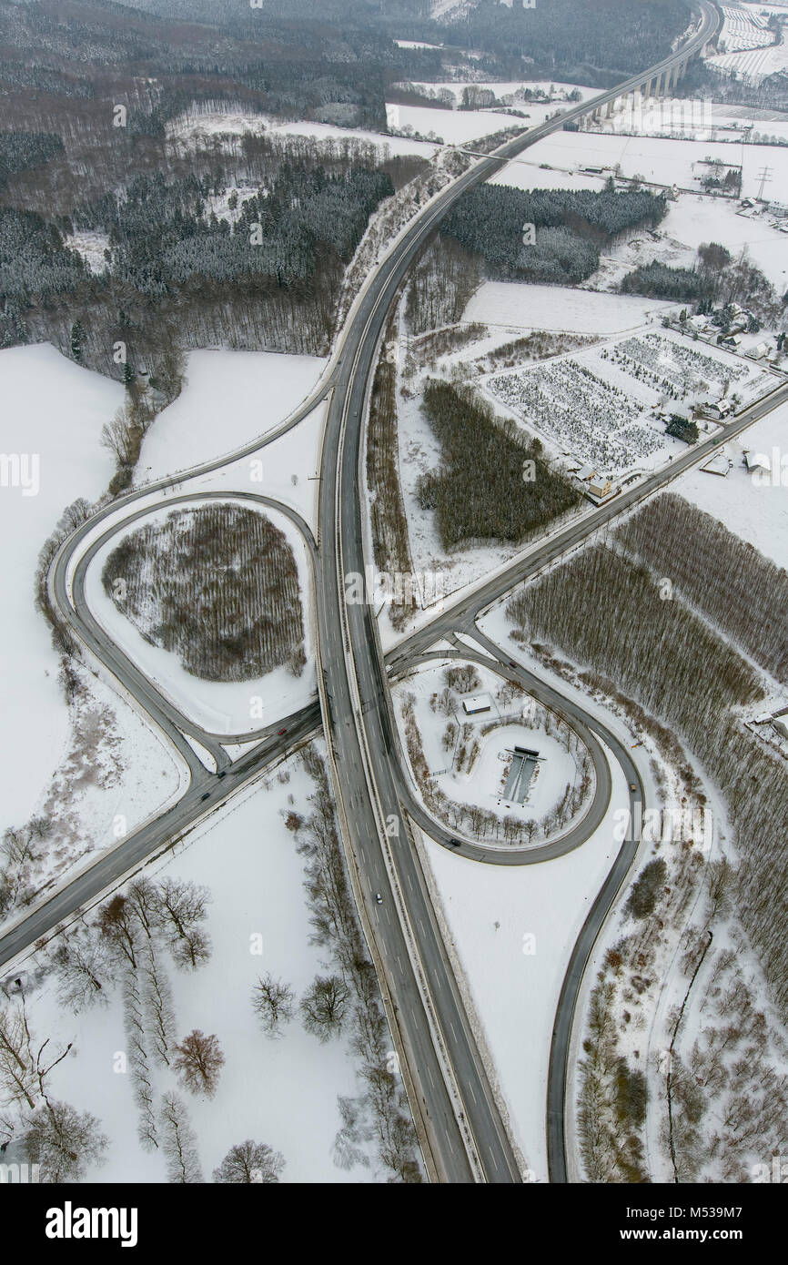 Aerial view, A44 with motorway entrance Wennemen, in snow and winter ...