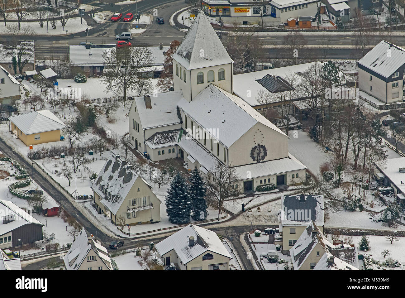 Aerial view, Assumption church, Meschede in winter and snow, Sauerland ...