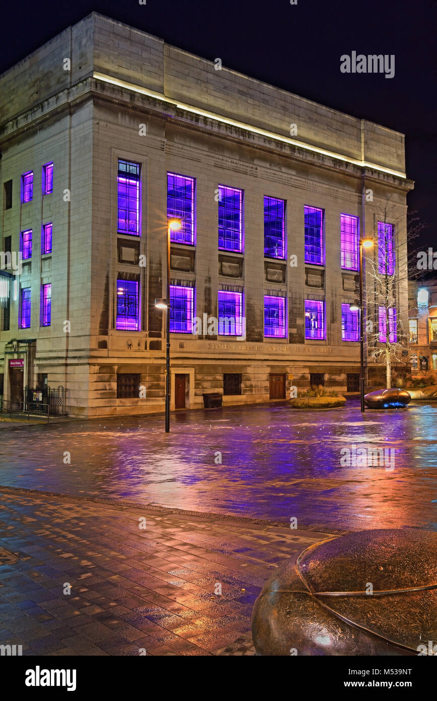 UK,South Yorkshire,Sheffield,Tudor Square,Central Library at Night ...