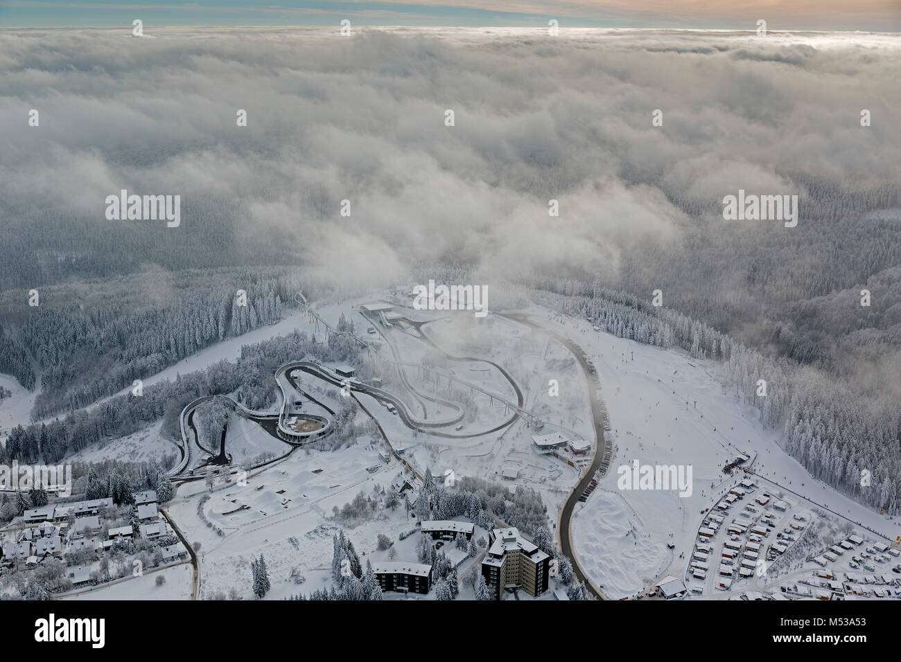 Aerial view, bobsleigh run Winterberg, Winterberg, Winterberg, snow ...
