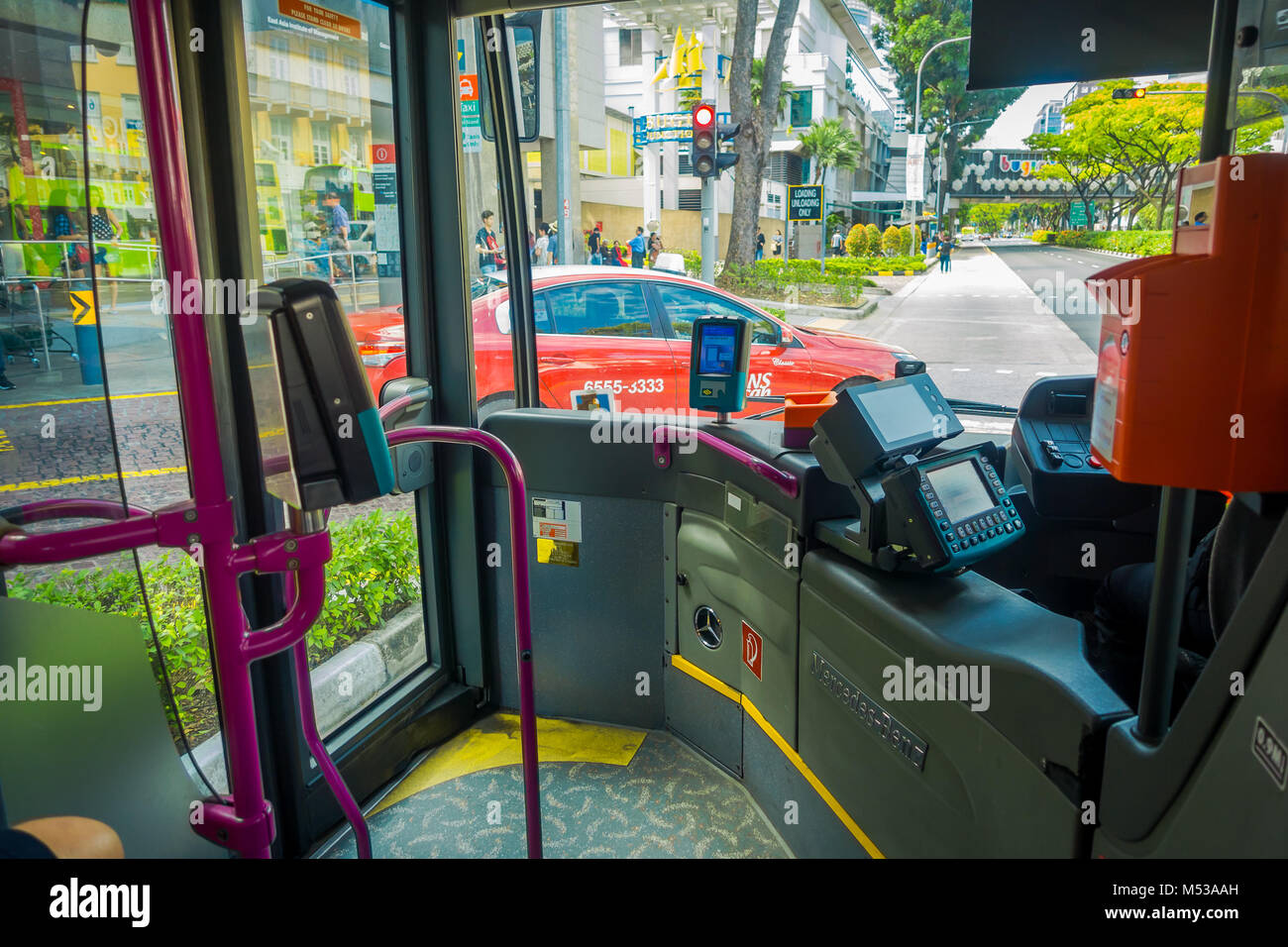 SINGAPORE, SINGAPORE - FEBRUARY 01, 2018: Indoor view of bus driver ...