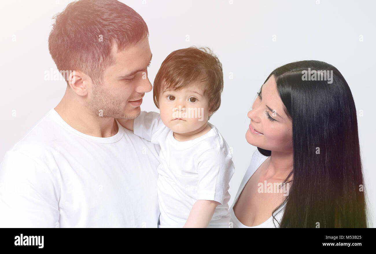 Happy family with newborn baby on a white background Stock Photo - Alamy