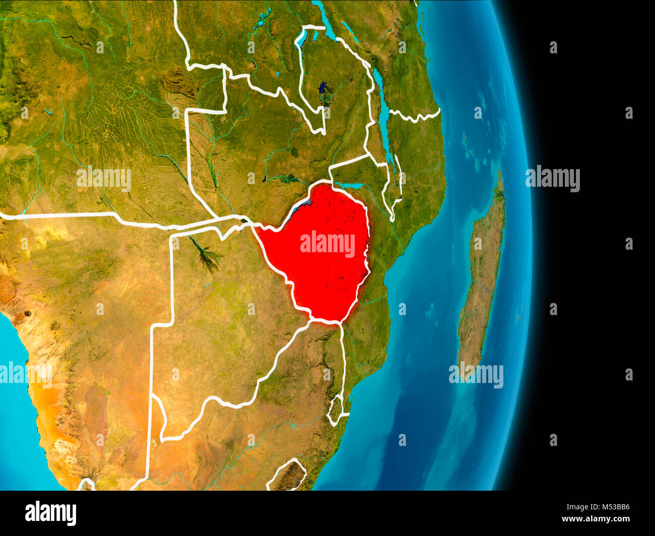 Zimbabwe in red on planet Earth with visible borderlines. 3D ...