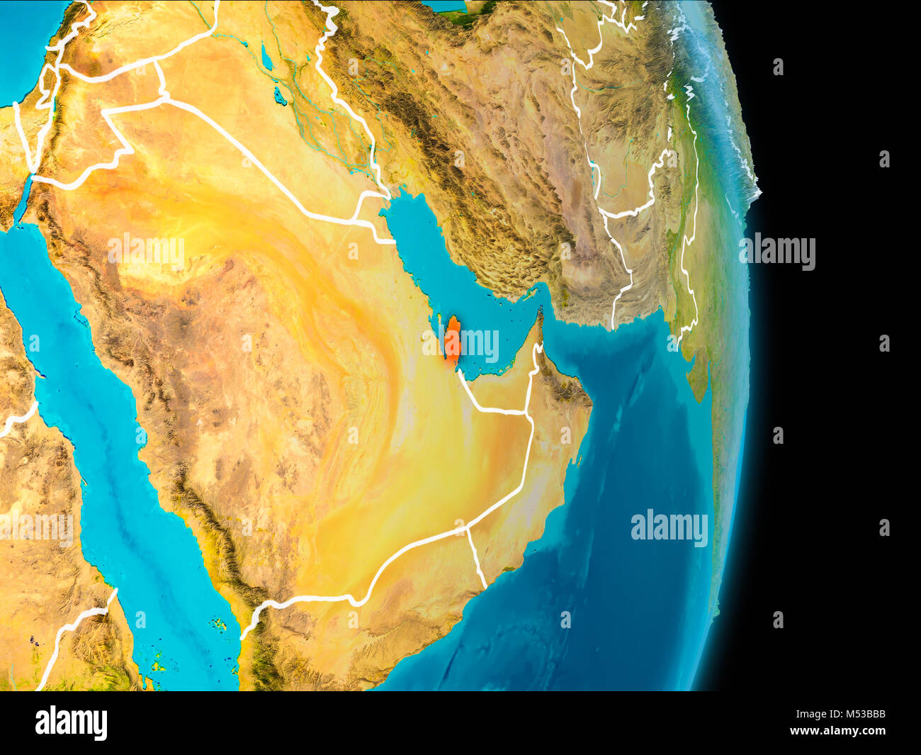 Qatar in red on planet Earth with visible borderlines. 3D illustration ...