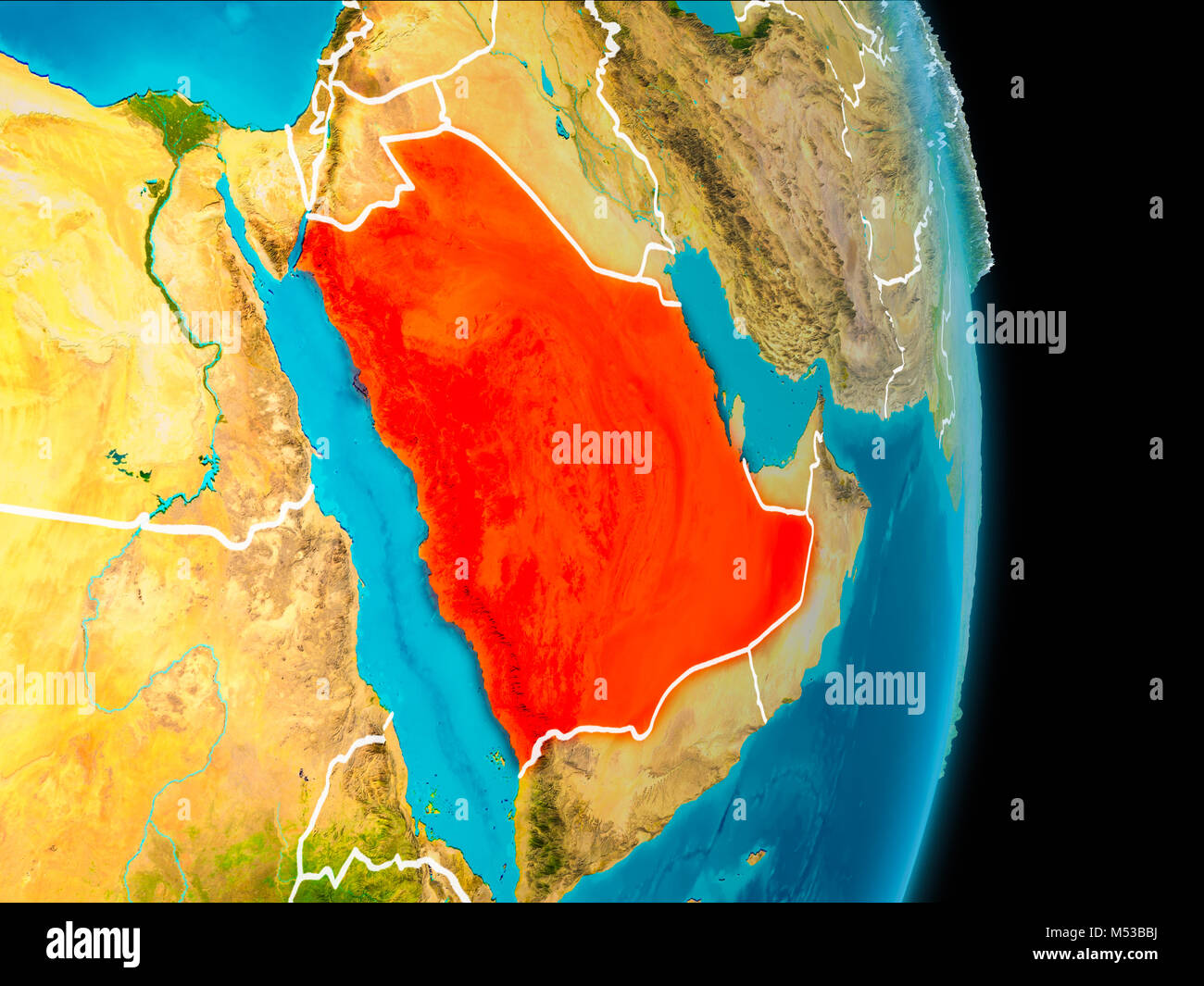 Saudi Arabia in red on planet Earth with visible borderlines. 3D ...