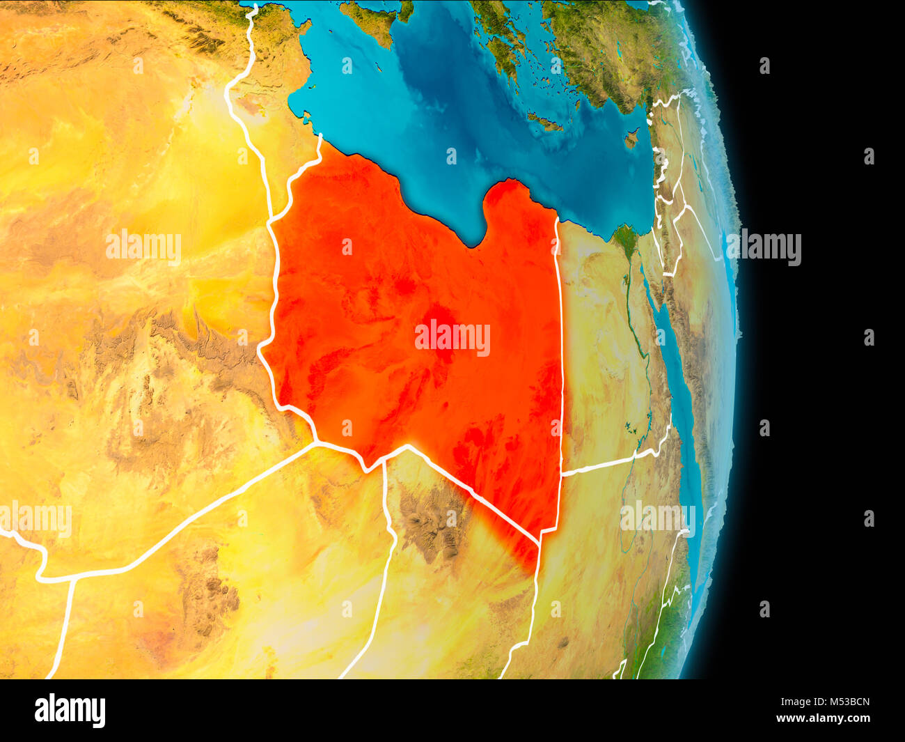 Libya in red on planet Earth with visible borderlines. 3D illustration ...