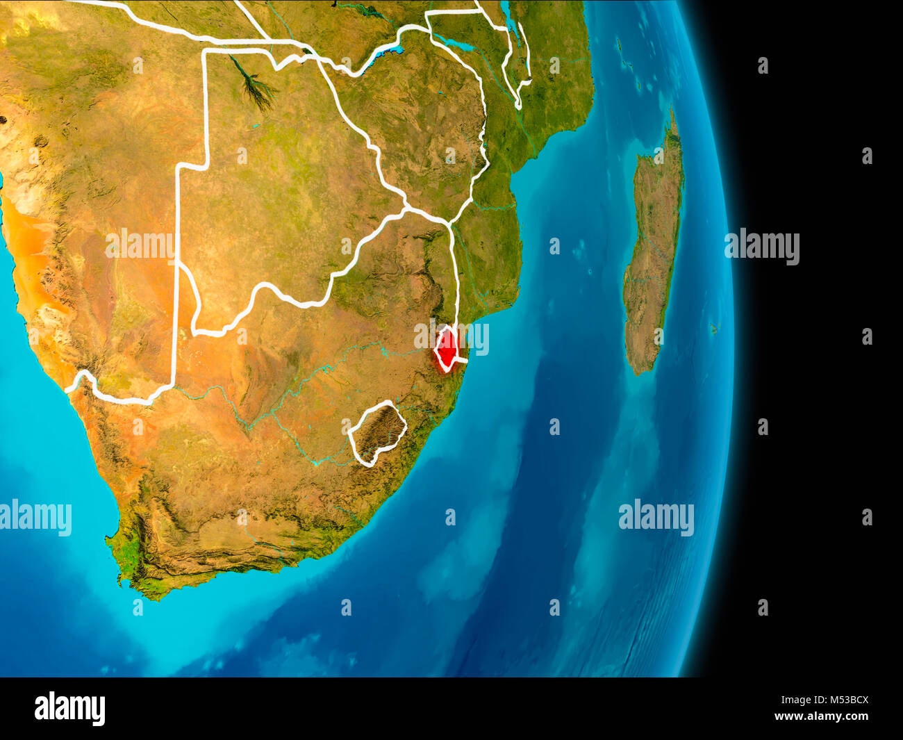 Swaziland in red on planet Earth with visible borderlines. 3D illustration. Elements of this ...