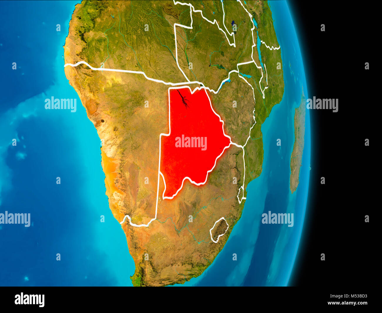 Botswana in red on planet Earth with visible borderlines. 3D illustration. Elements of this ...
