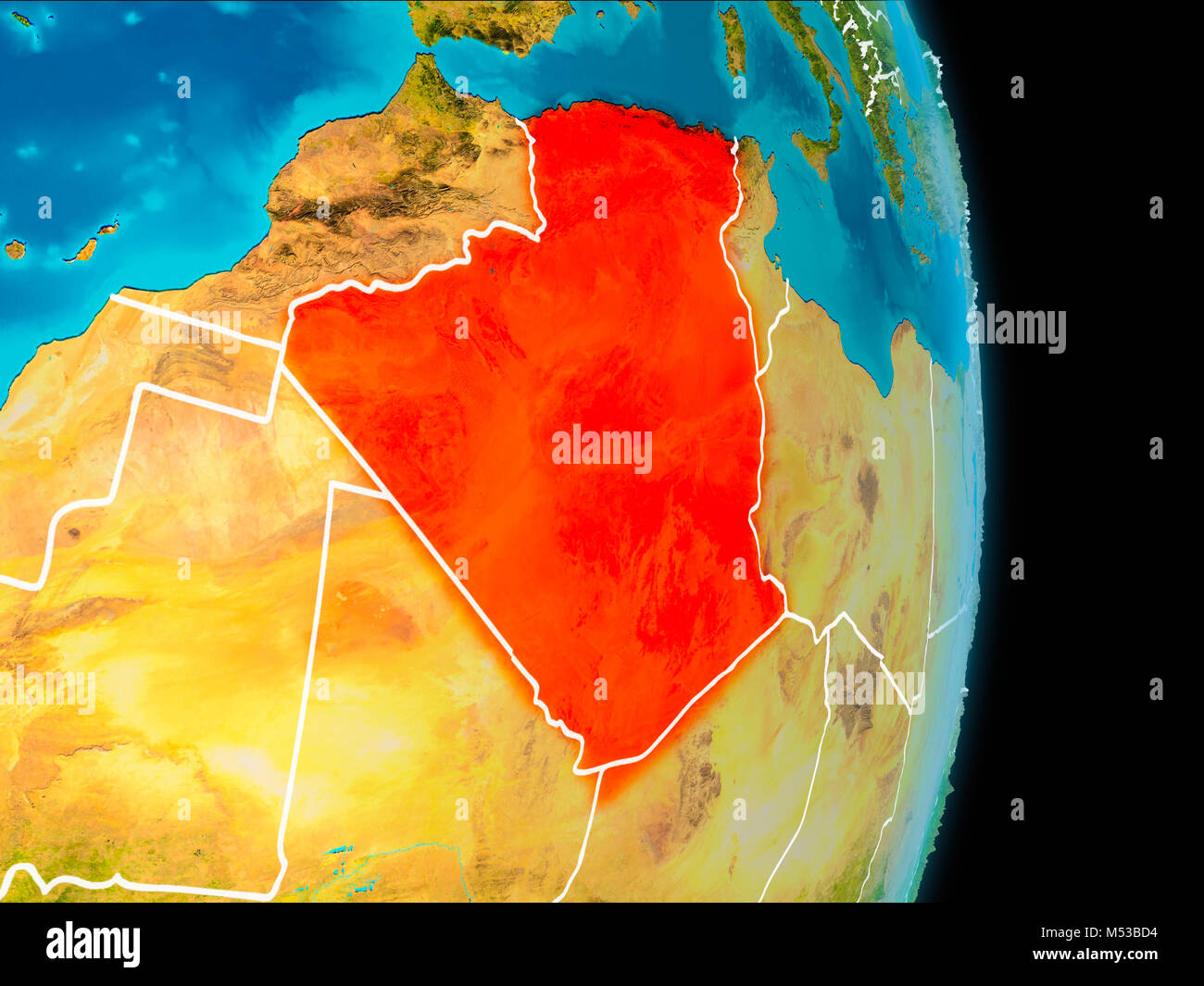 Algeria in red on planet Earth with visible borderlines. 3D ...