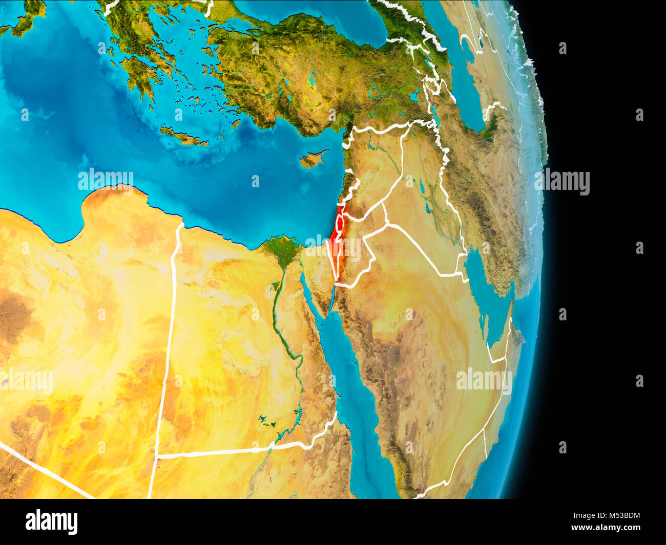 Israel in red on planet Earth with visible borderlines. 3D illustration ...
