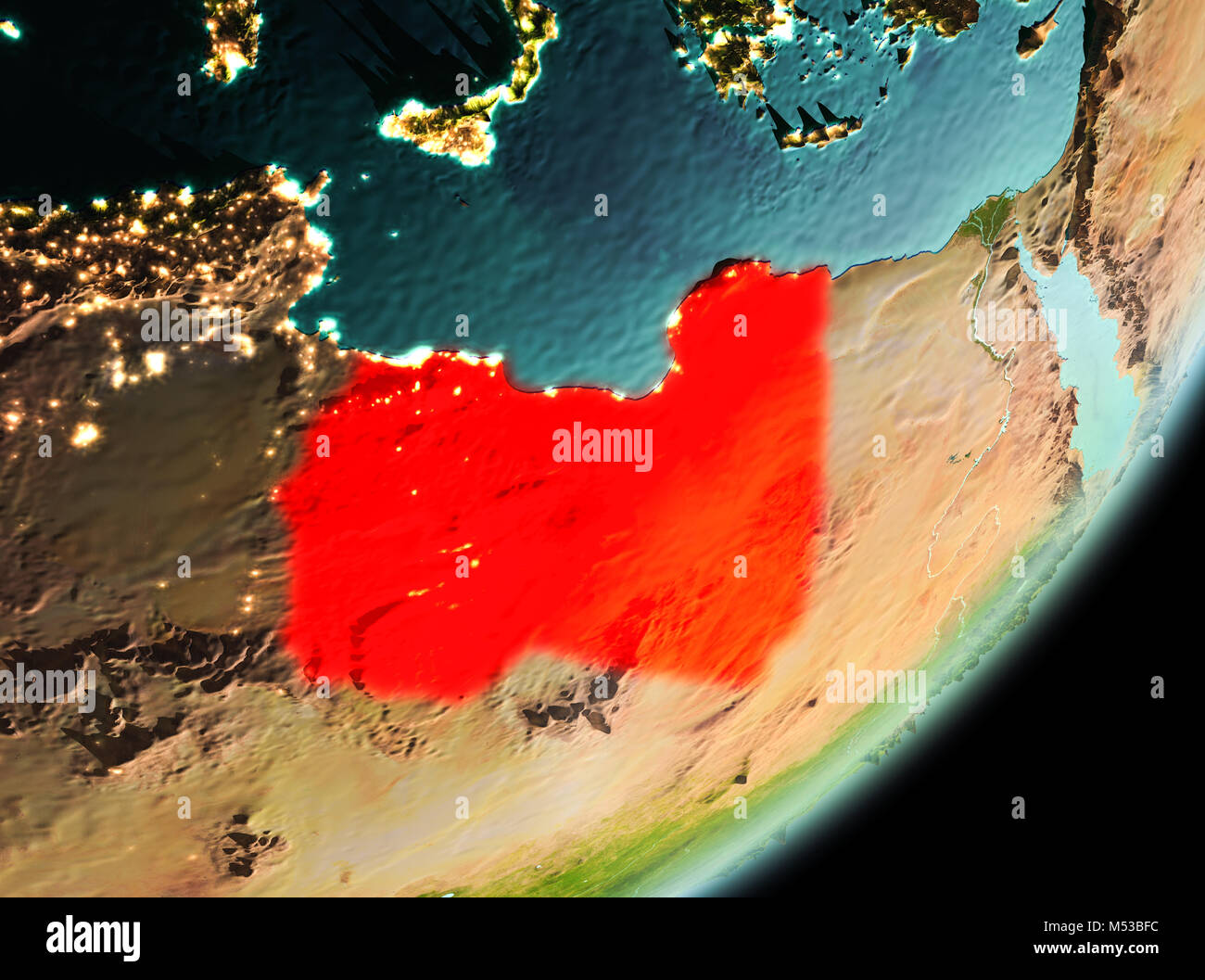 Libya in the morning highlighted in red on planet Earth. 3D ...