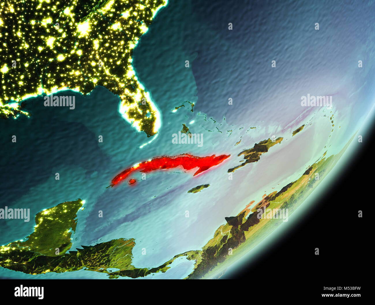 Cuba in the morning highlighted in red on planet Earth. 3D illustration ...