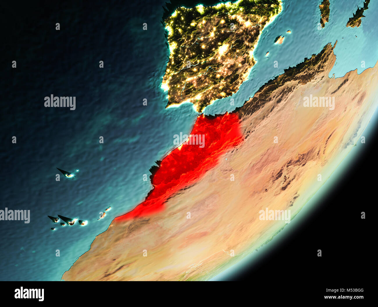 Morocco in the morning highlighted in red on planet Earth. 3D ...