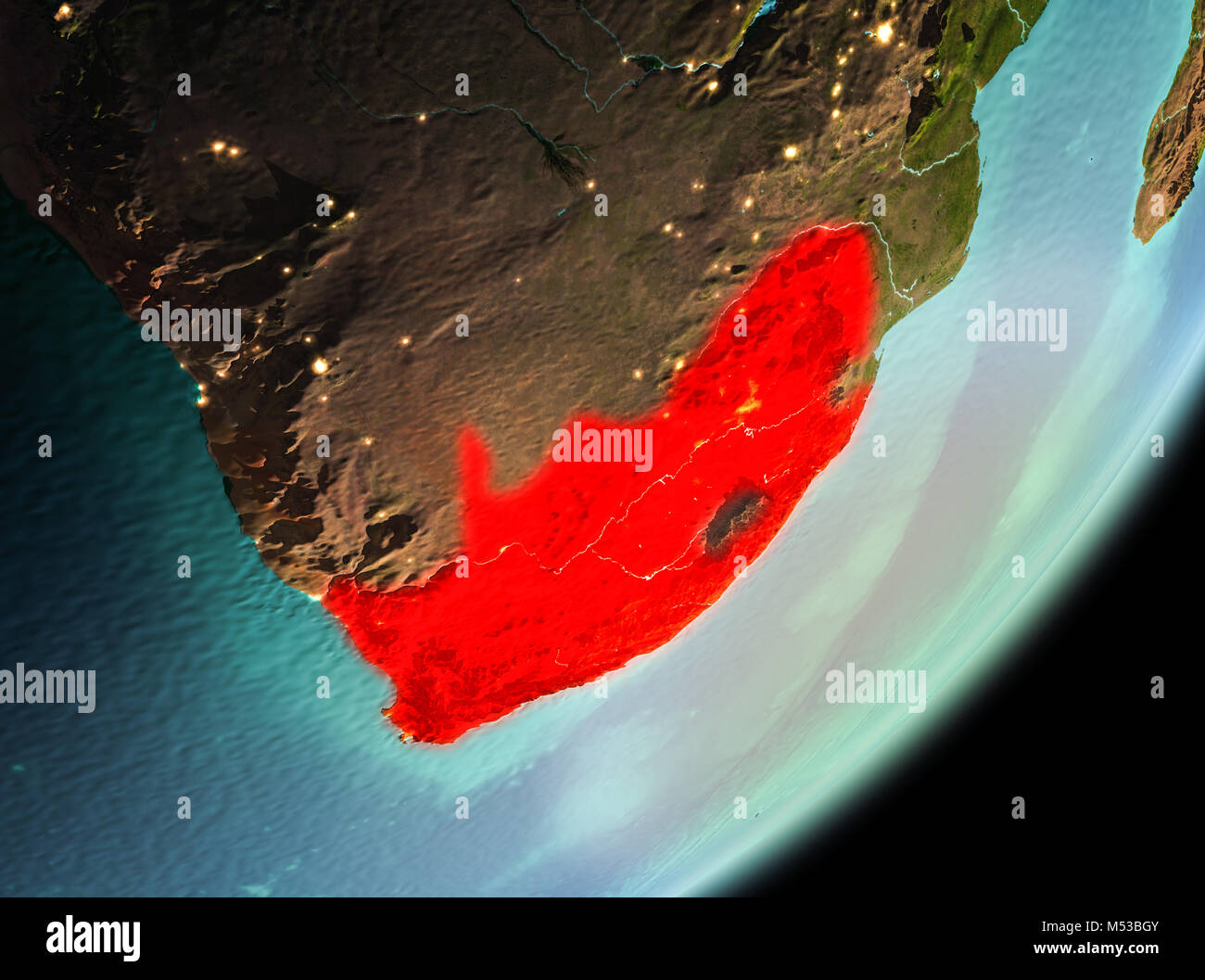 South Africa in the morning highlighted in red on planet Earth. 3D ...