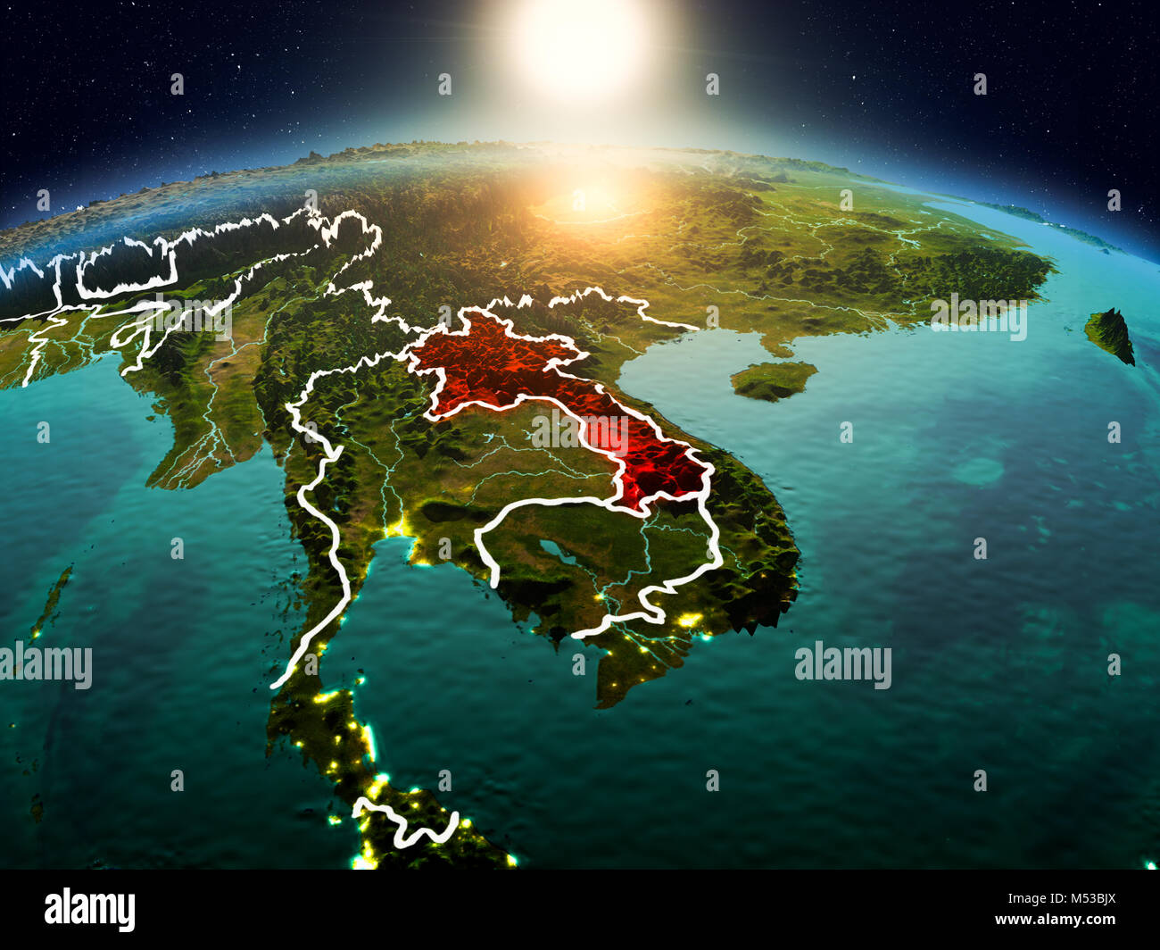 Sunrise above Laos highlighted in red on model of planet Earth in space ...