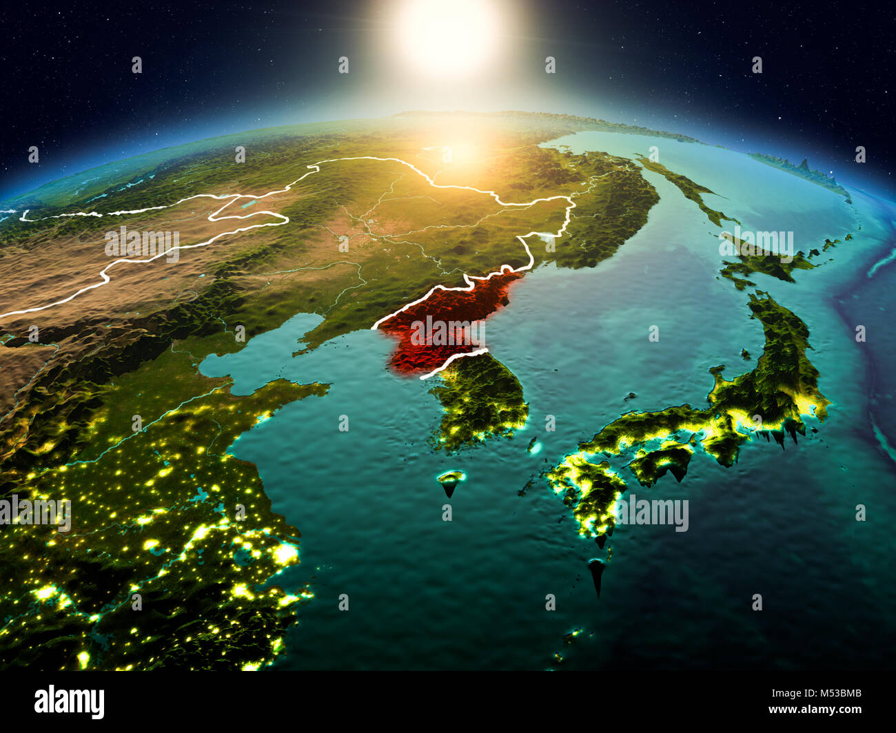 Sunrise above North Korea highlighted in red on model of planet Earth ...