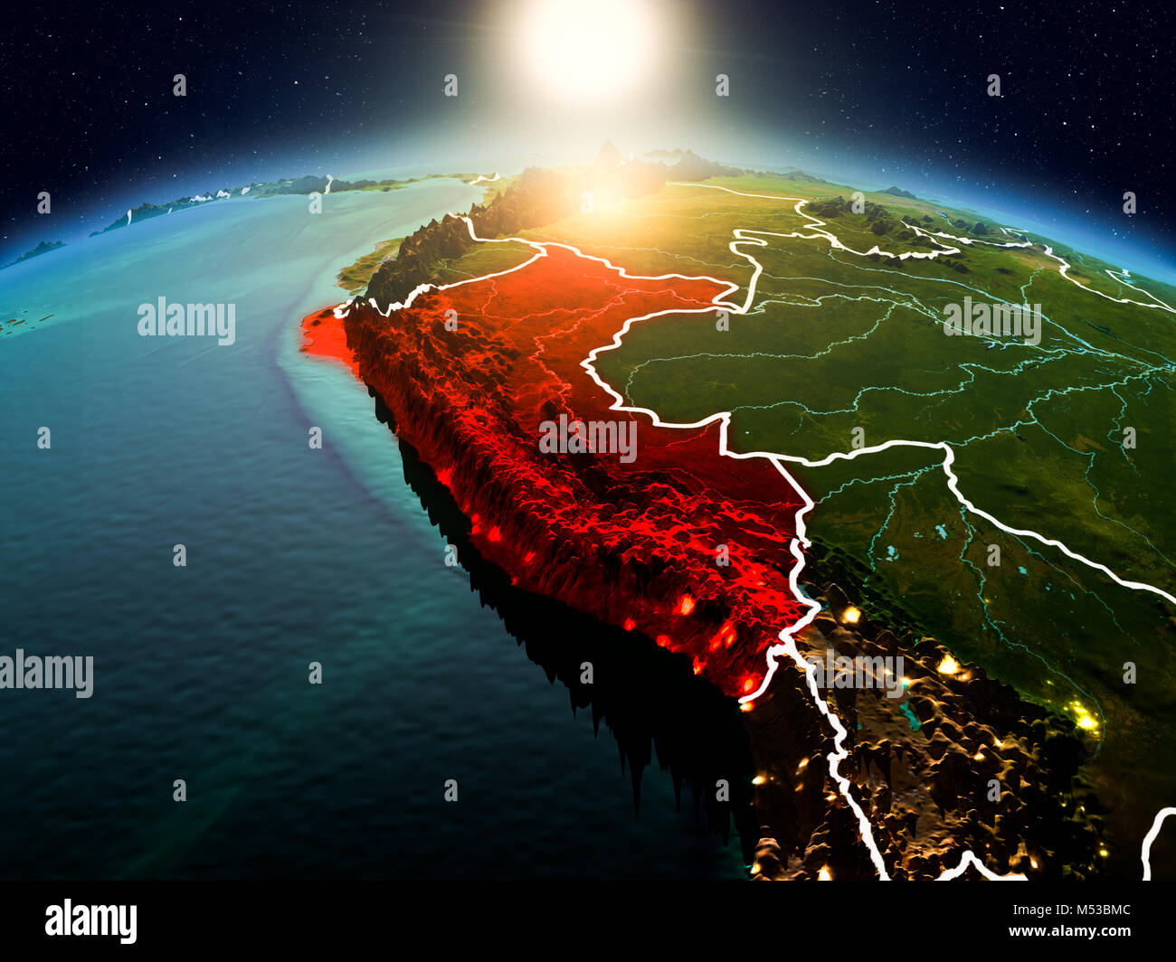 Sunrise above Peru highlighted in red on model of planet Earth in space ...