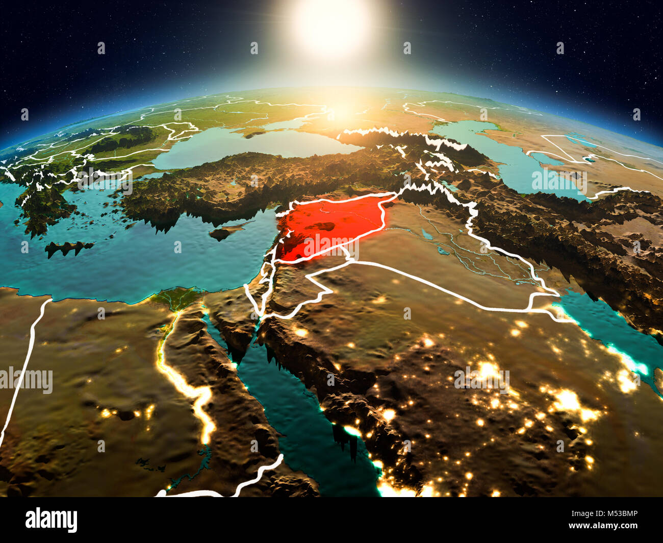 Sunrise above Syria highlighted in red on model of planet Earth in ...
