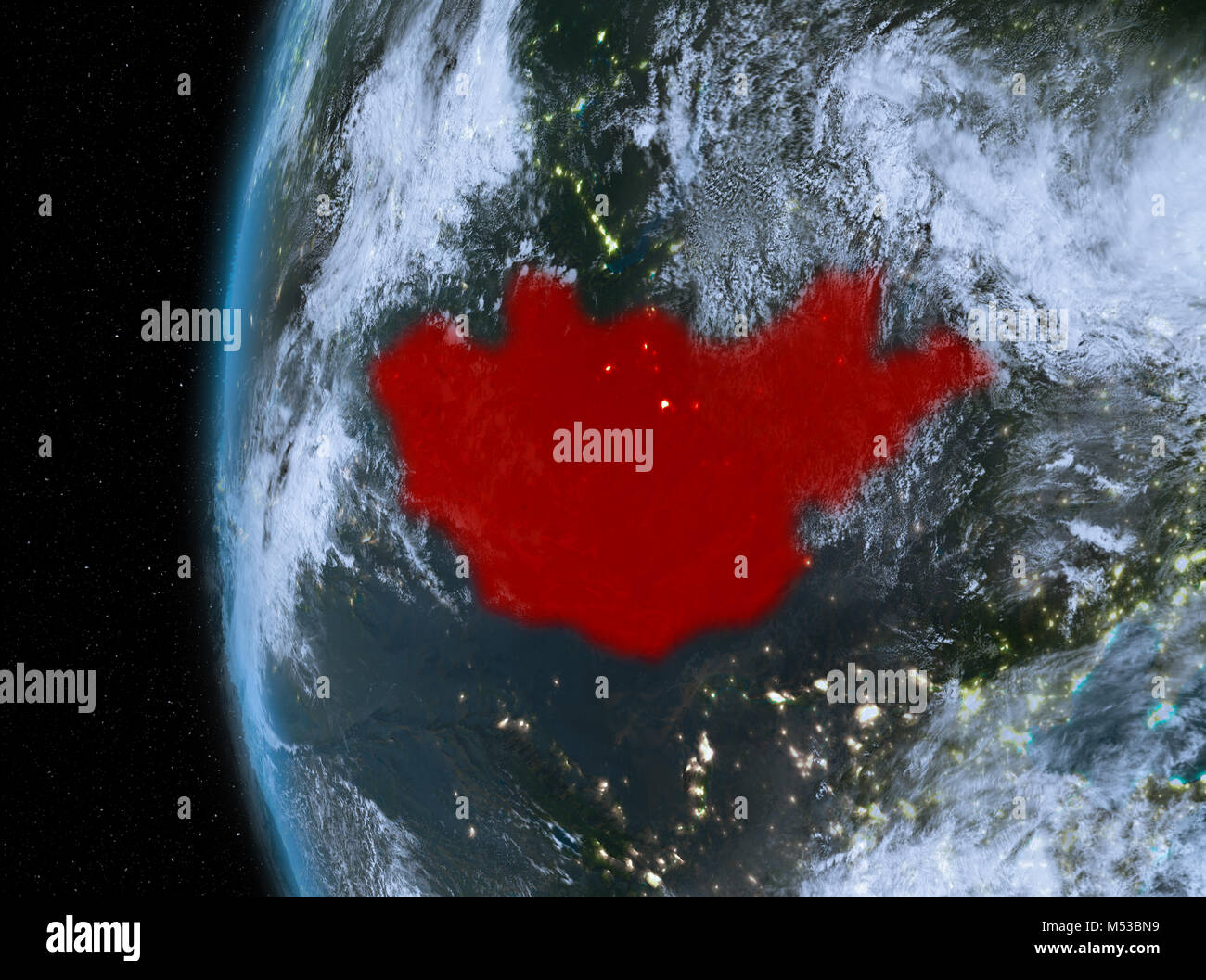 Night map of Mongolia as seen from space on planet Earth. 3D ...