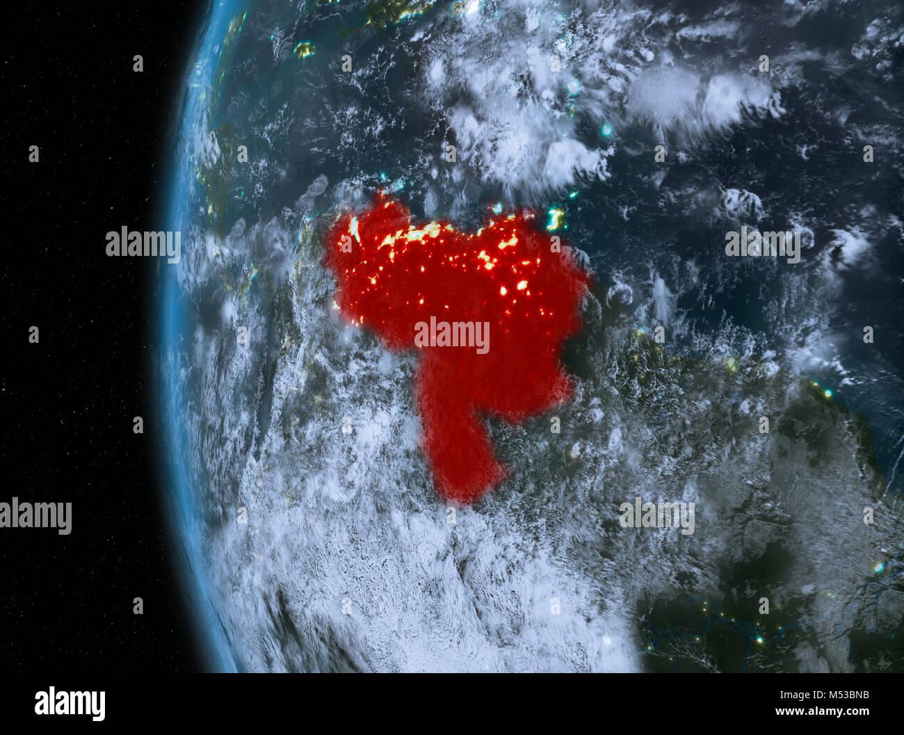 Night map of Venezuela as seen from space on planet Earth. 3D ...