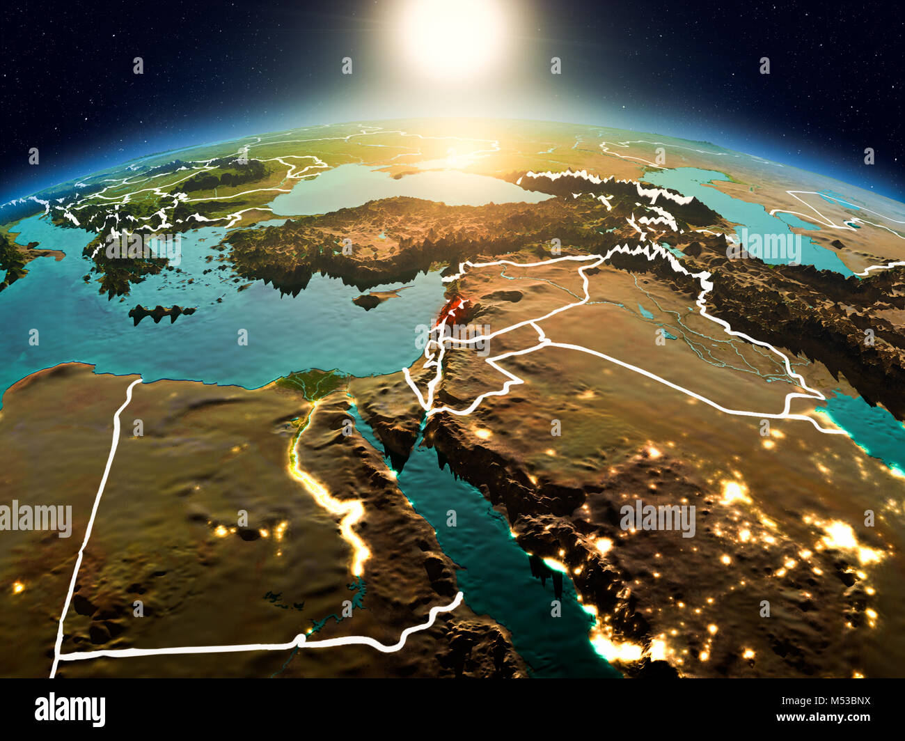 Sunrise above Lebanon highlighted in red on model of planet Earth in ...