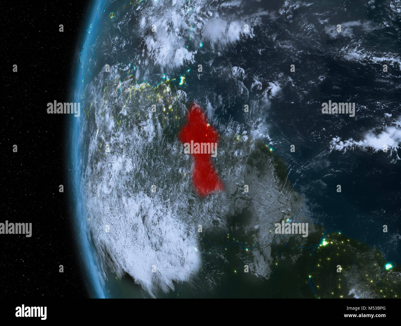 Night map of Guyana as seen from space on planet Earth. 3D illustration ...
