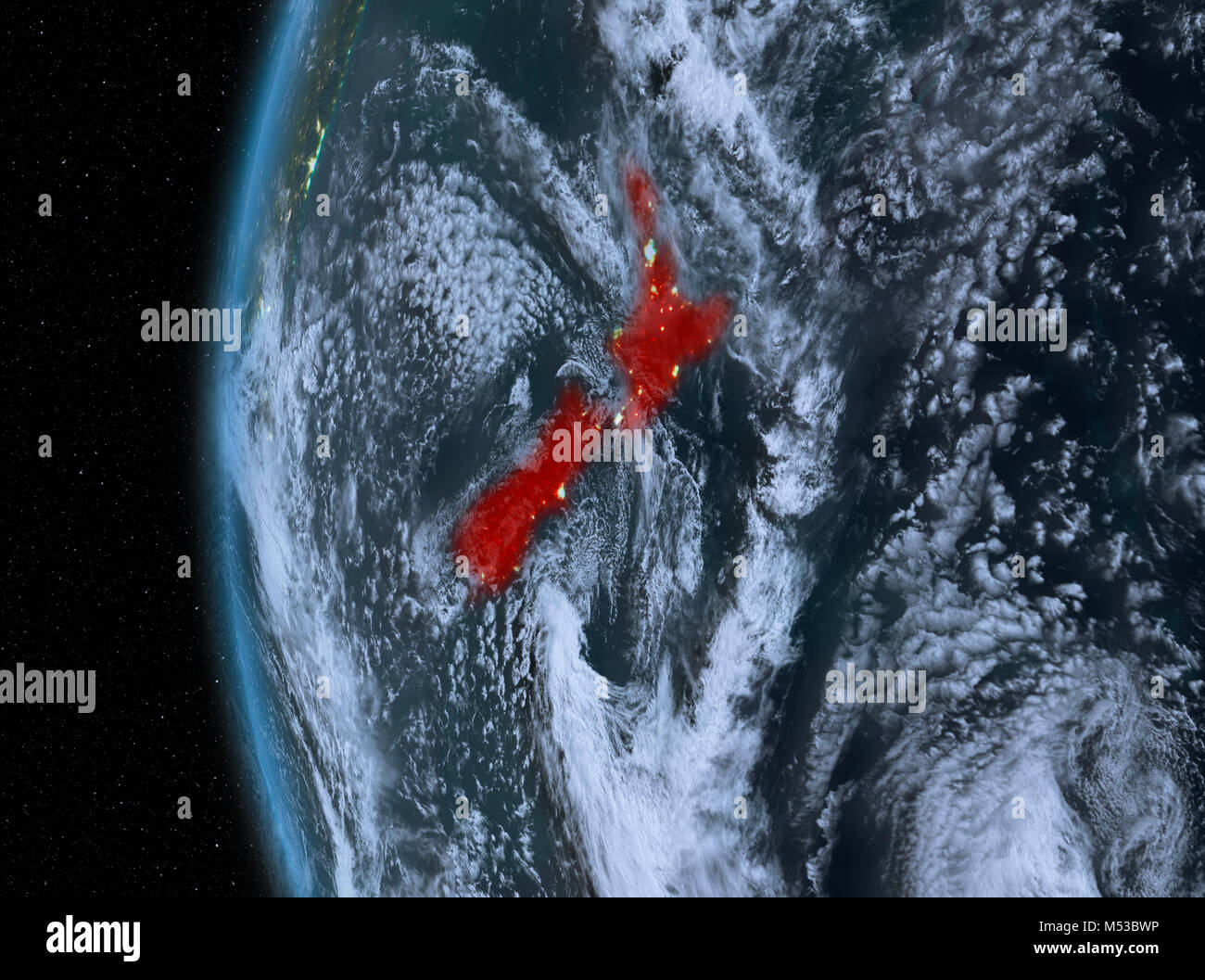 Night map of New Zealand as seen from space on planet Earth. 3D ...