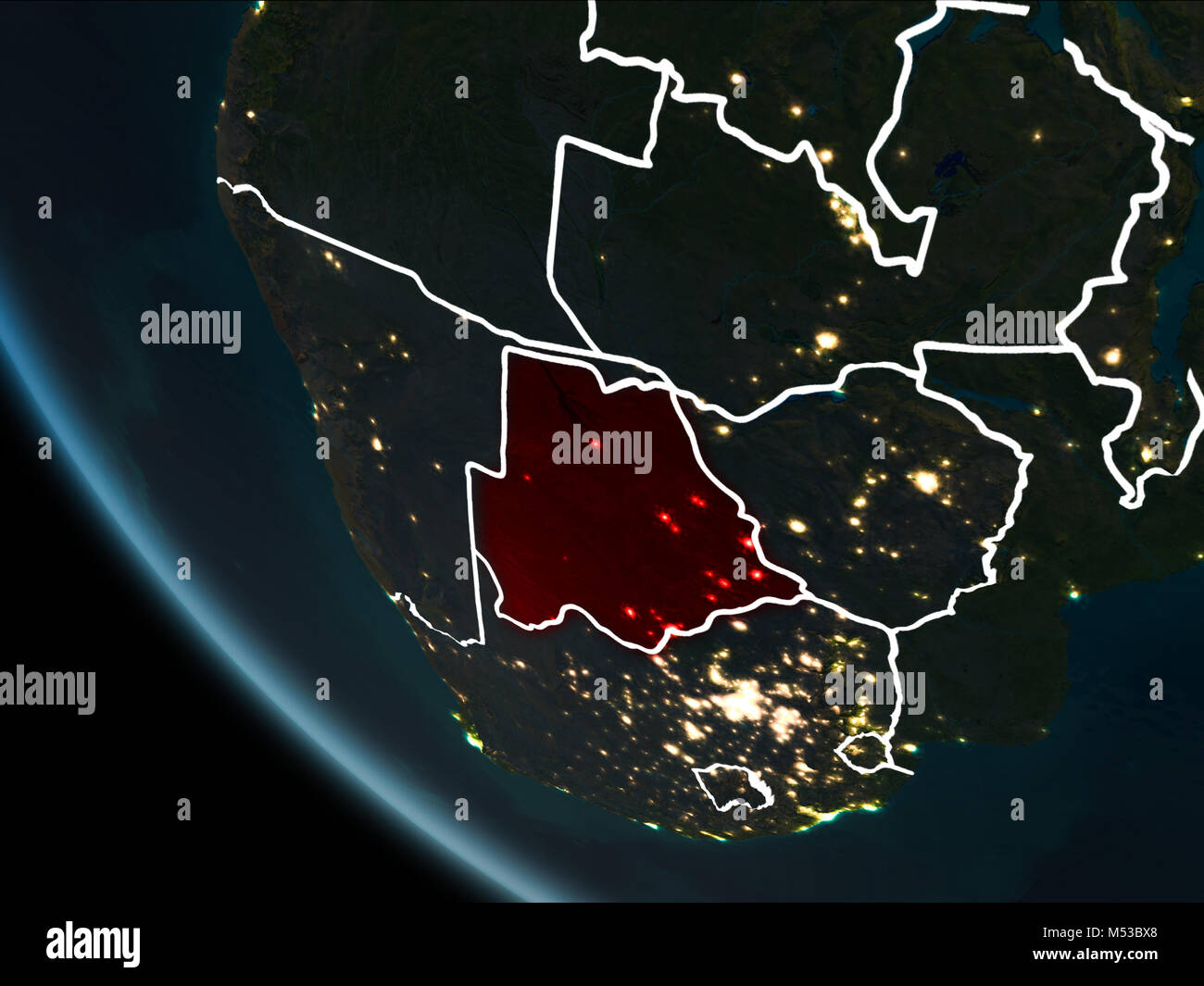 Satellite view of Botswana highlighted in red on planet Earth at night with borderlines and city ...