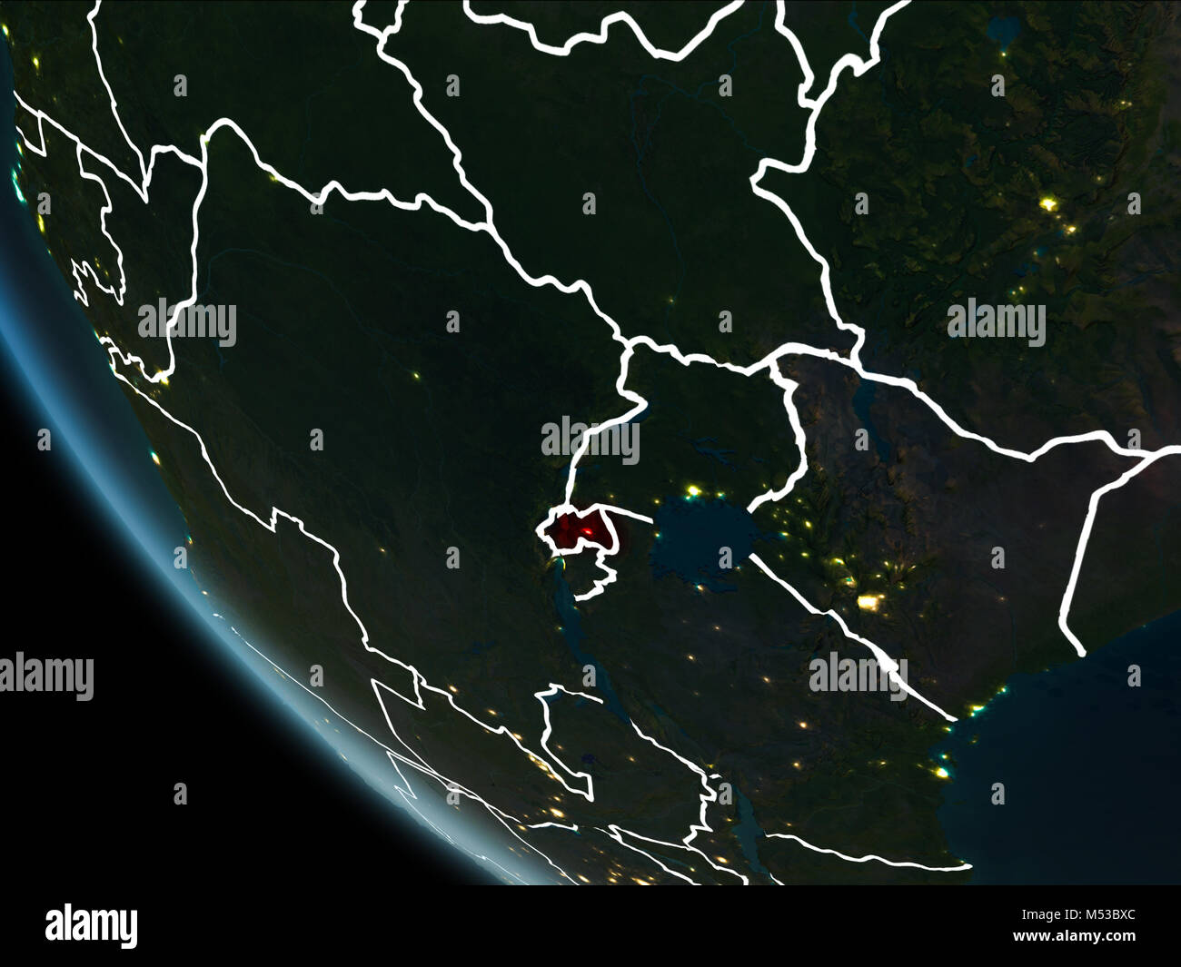 Satellite view of Rwanda highlighted in red on planet Earth at night ...