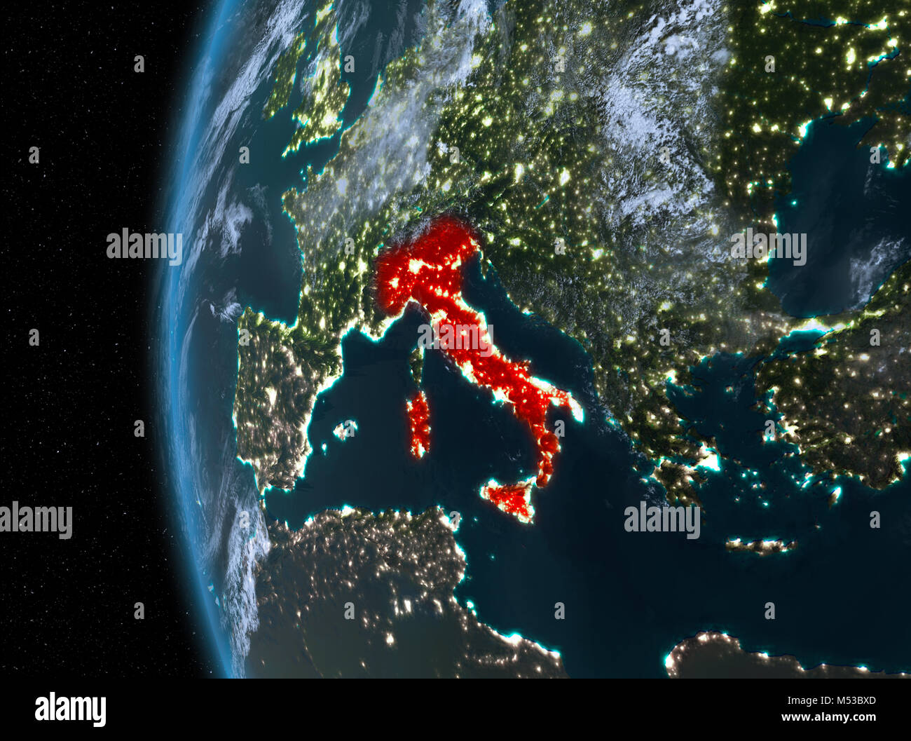 Night map of Italy as seen from space on planet Earth. 3D illustration ...