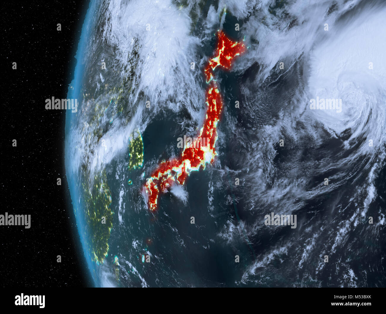 Night map of Japan as seen from space on planet Earth. 3D illustration ...