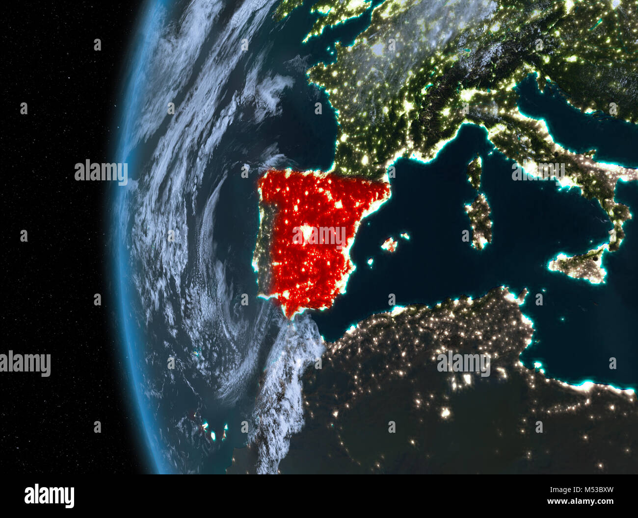 Night map of Spain as seen from space on planet Earth. 3D illustration ...