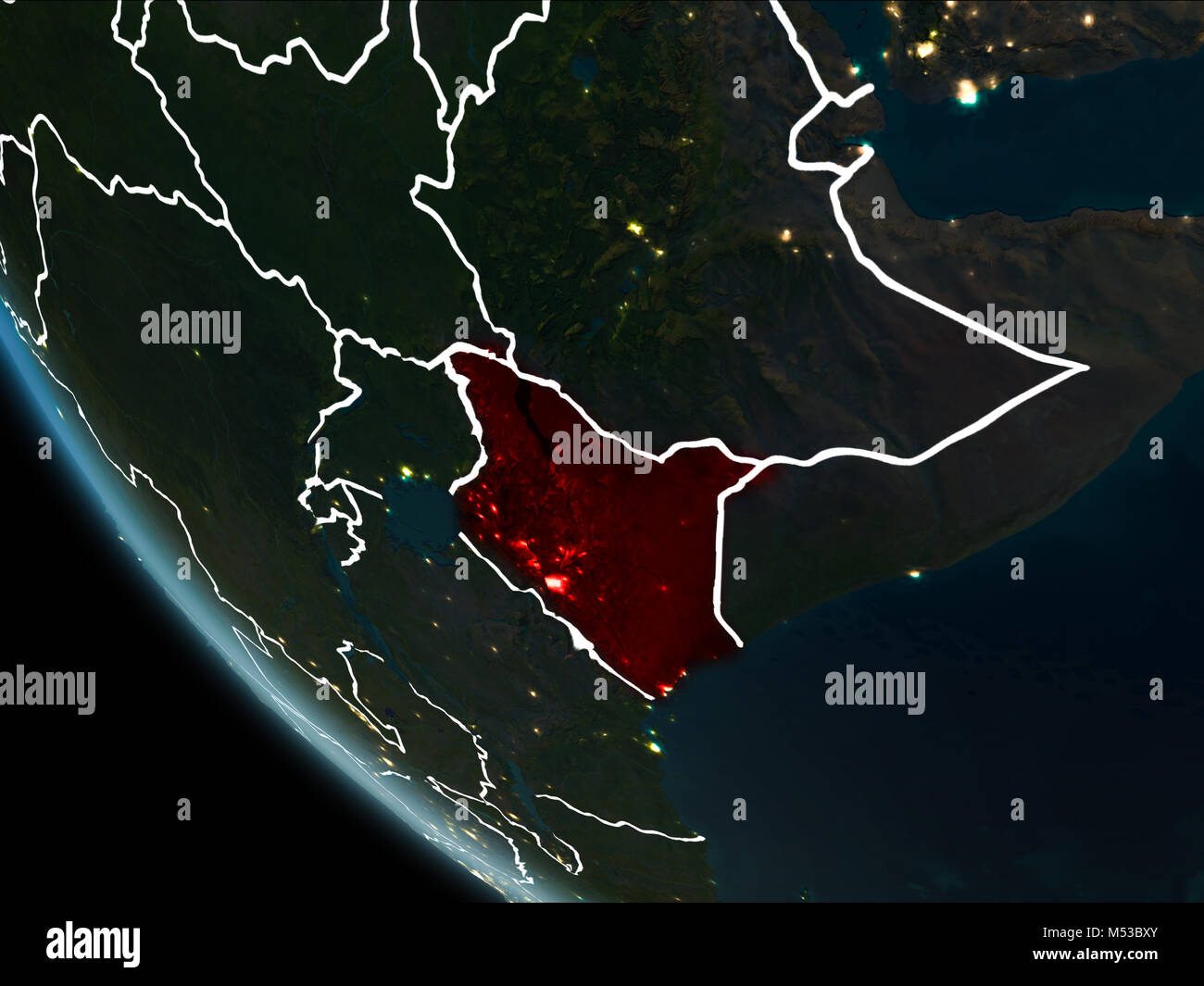 Satellite view of Kenya highlighted in red on planet Earth at night with borderlines and city ...