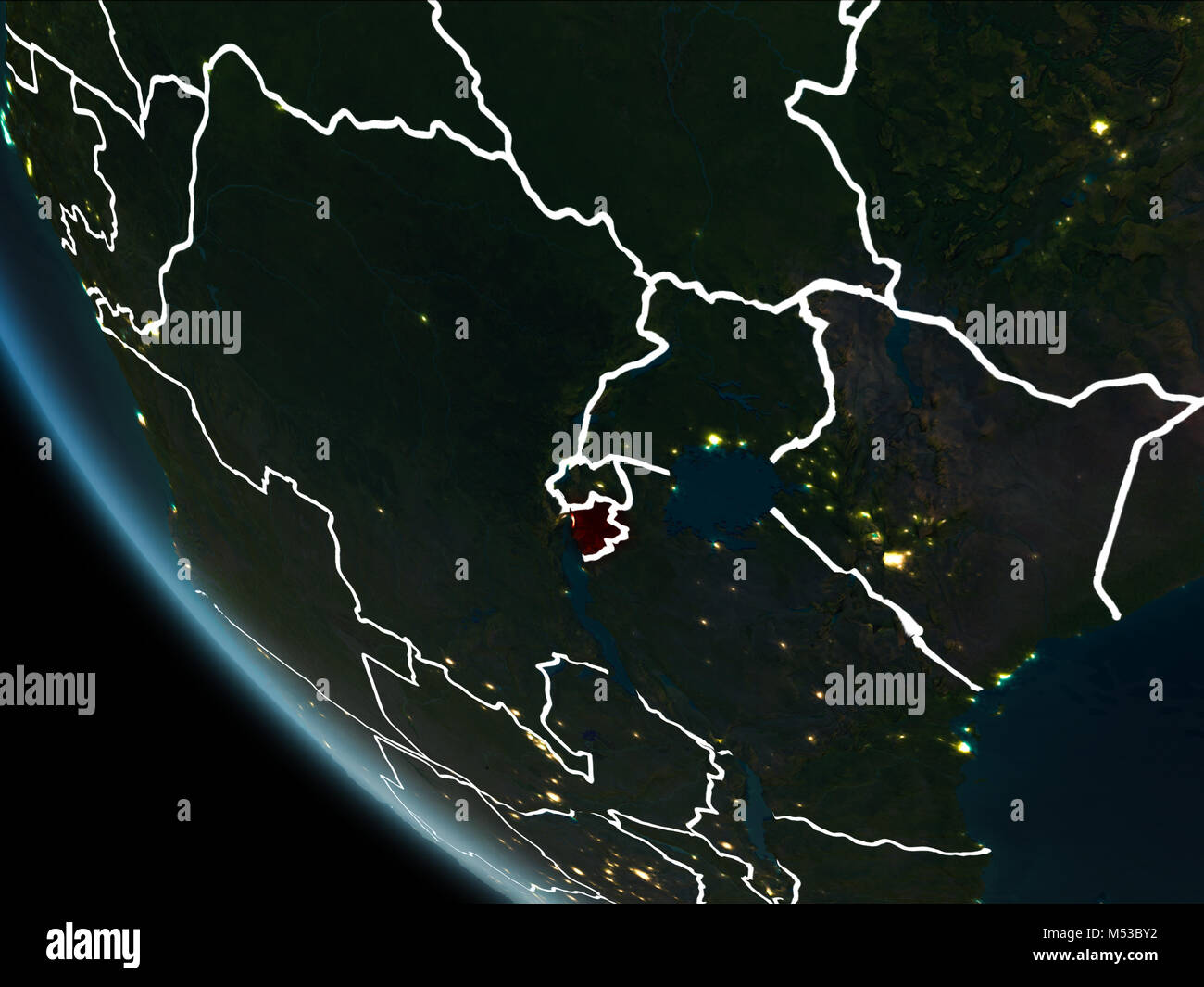 Satellite view of Burundi highlighted in red on planet Earth at night ...