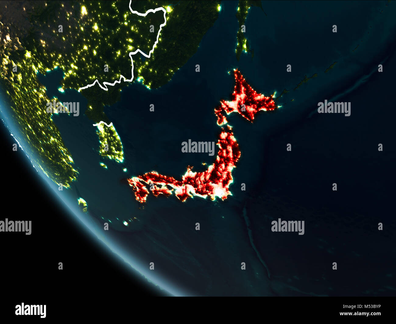Satellite view of Japan highlighted in red on planet Earth at night ...