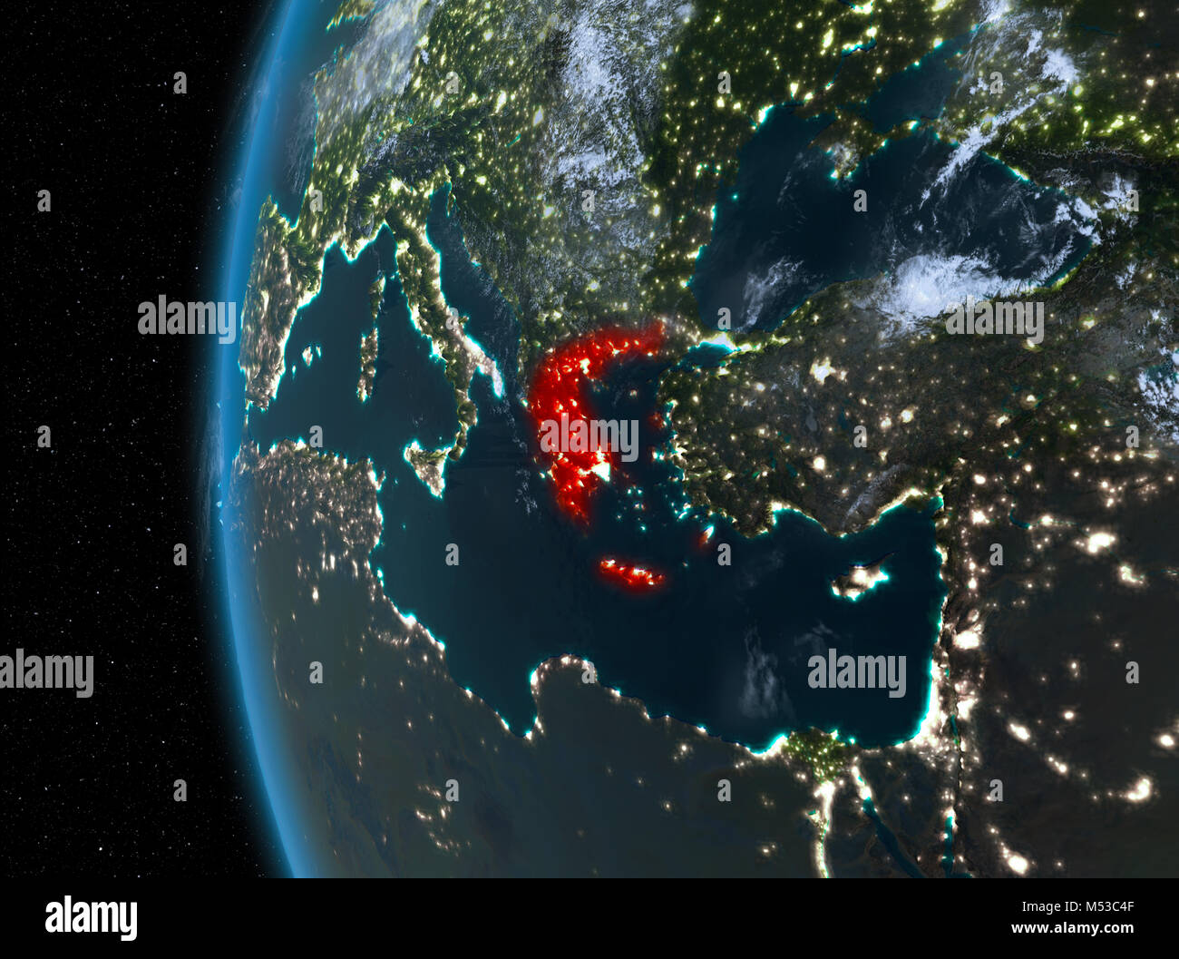 Night map of Greece as seen from space on planet Earth. 3D illustration ...