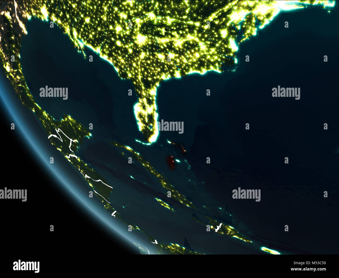 Satellite view of Bahamas highlighted in red on planet Earth at night ...