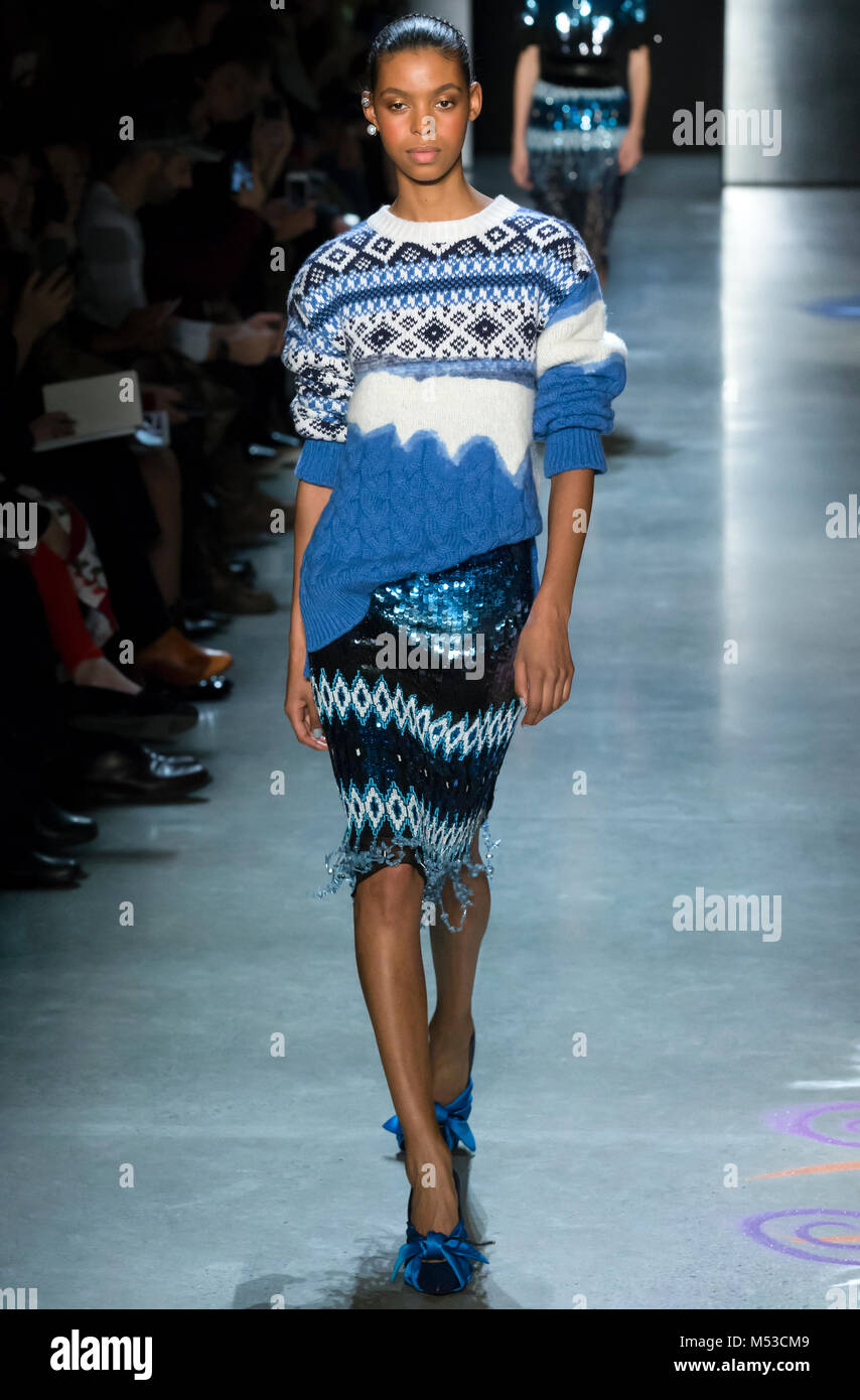 NEW YORK, NY - February 11, 2018: Alyssa Traore walks the runway at the ...
