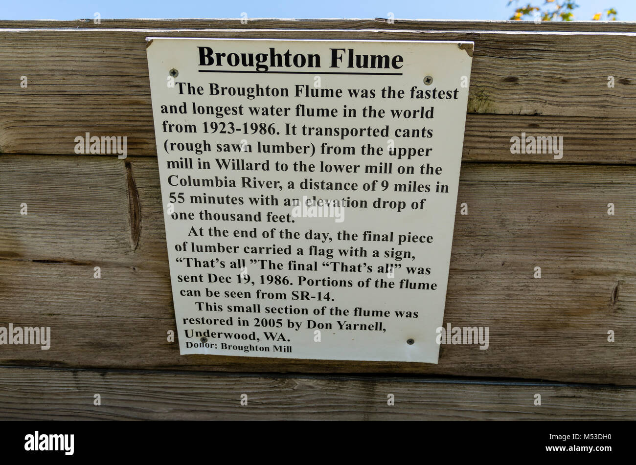 Sign for the Broughton Flume used to transport logs to lumber mill at ...