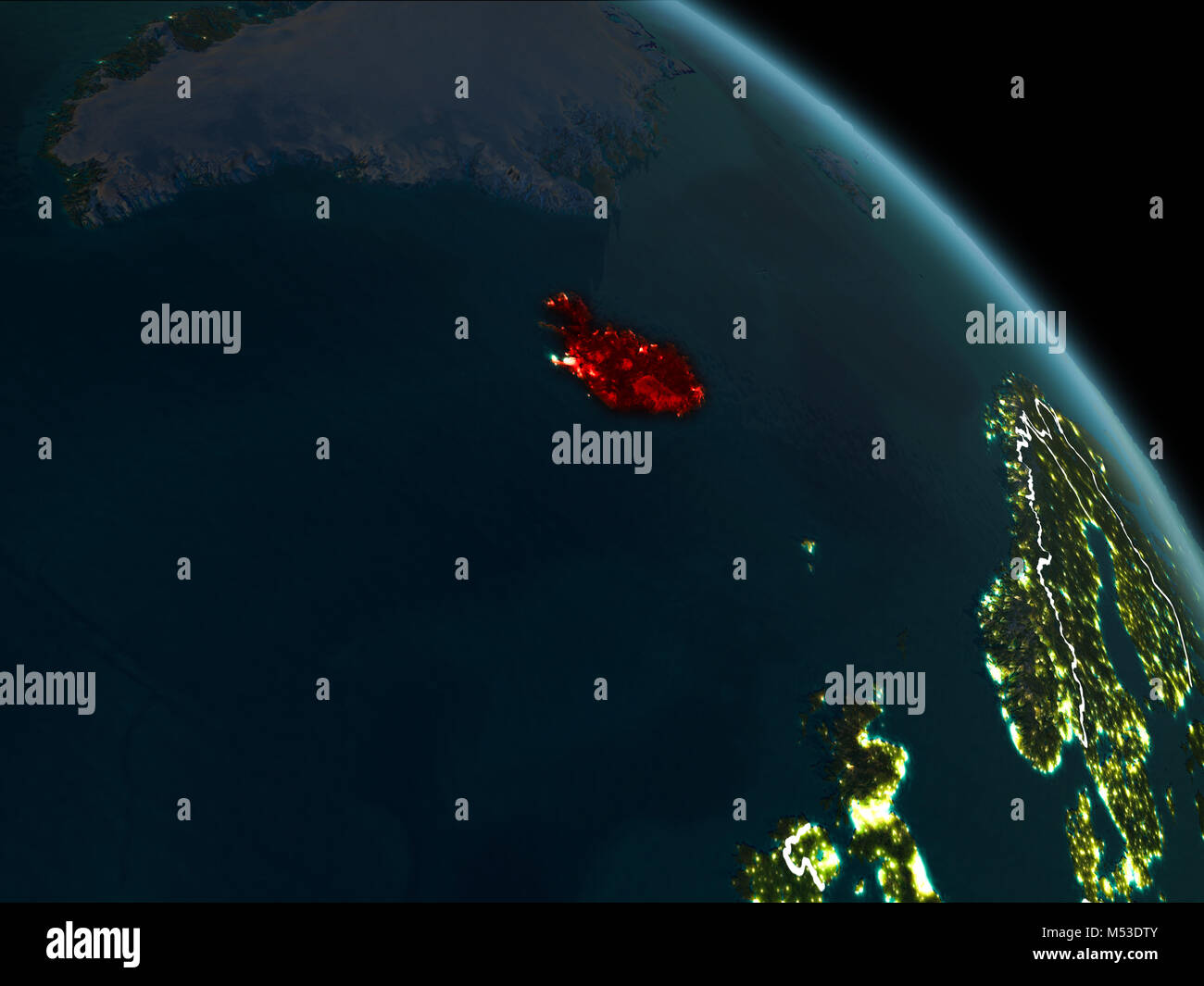 Iceland from orbit of planet Earth at night with visible borderlines and city lights. 3D ...