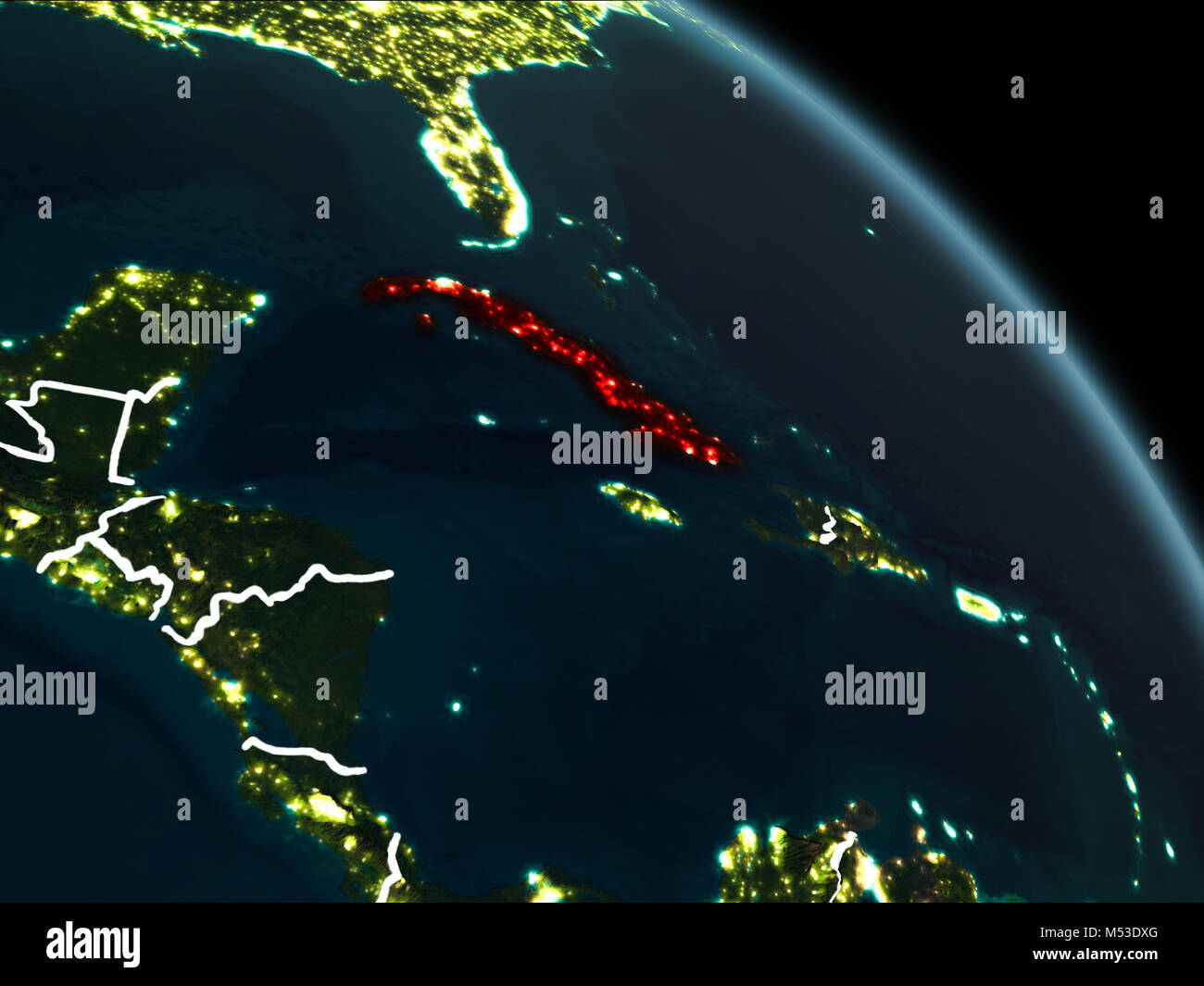 Cuba from orbit of planet Earth at night with visible borderlines and ...