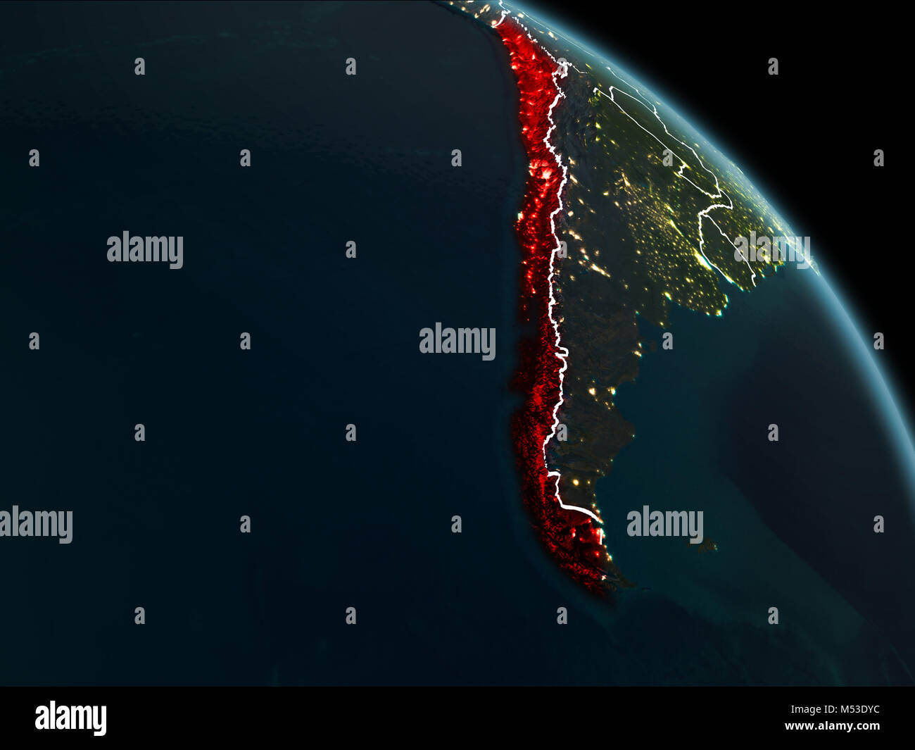 Chile from orbit of planet Earth at night with visible borderlines and city lights. 3D ...