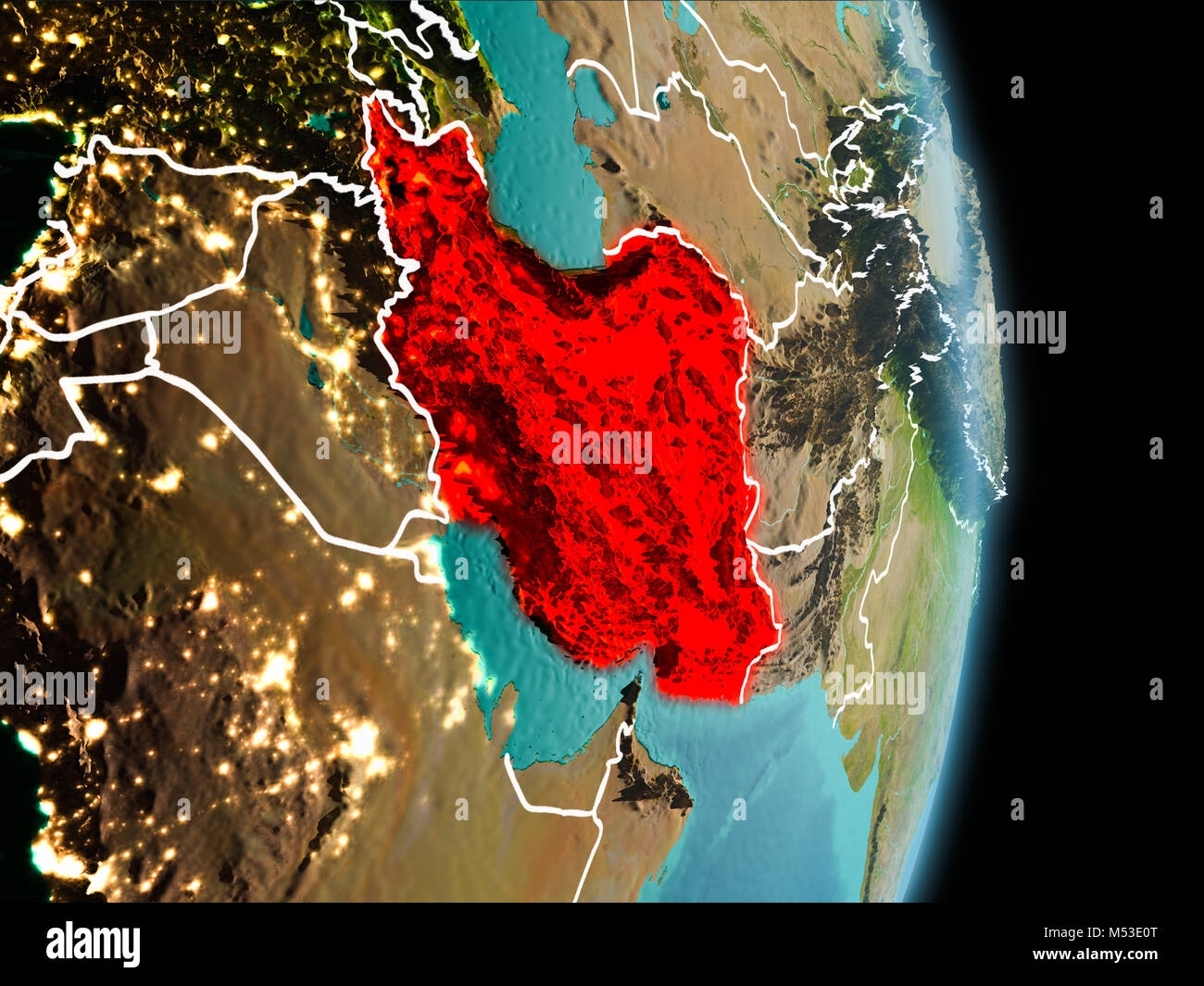 Satellite morning view of Iran highlighted in red on planet Earth with visible border lines and ...