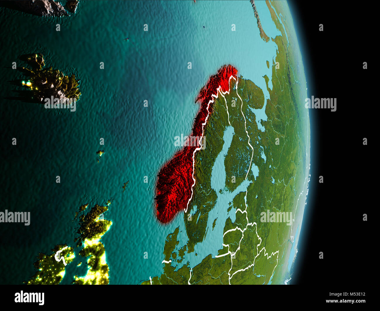 Satellite morning view of Norway highlighted in red on planet Earth with visible border lines ...