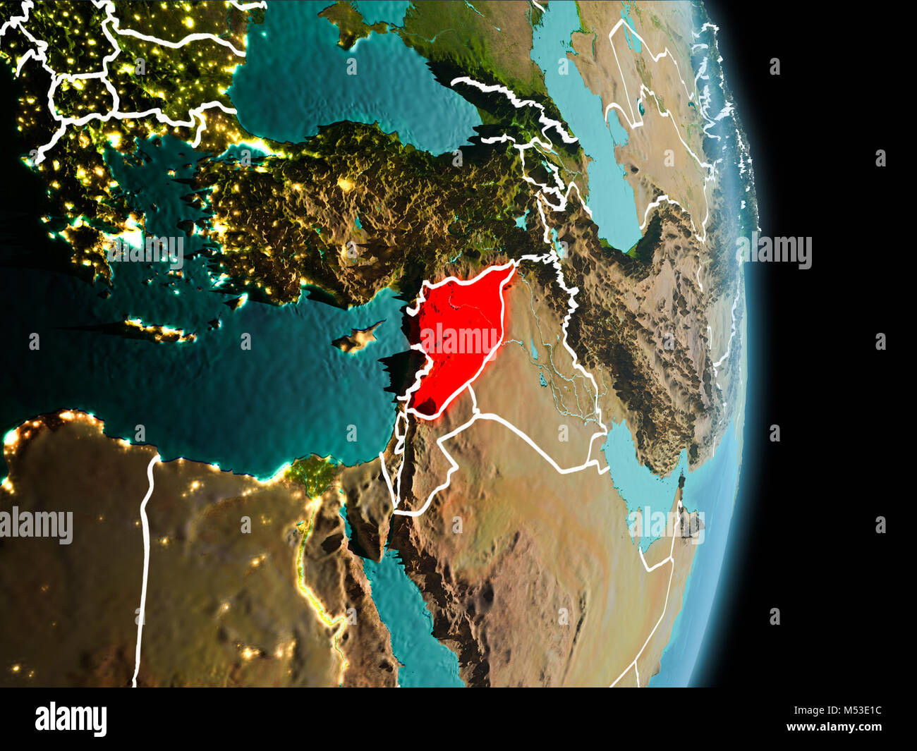 Satellite morning view of Syria highlighted in red on planet Earth with ...