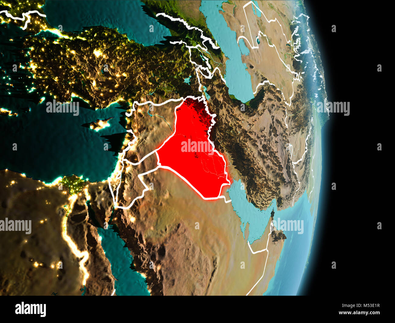 Satellite morning view of Iraq highlighted in red on planet Earth with ...