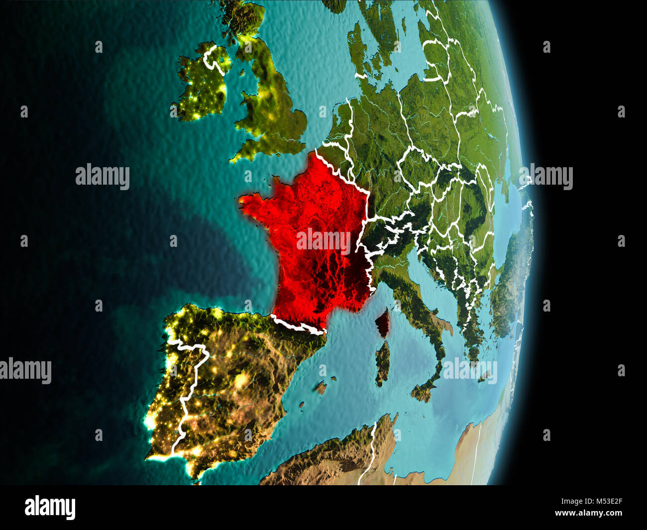 Satellite morning view of France highlighted in red on planet Earth with visible border lines ...
