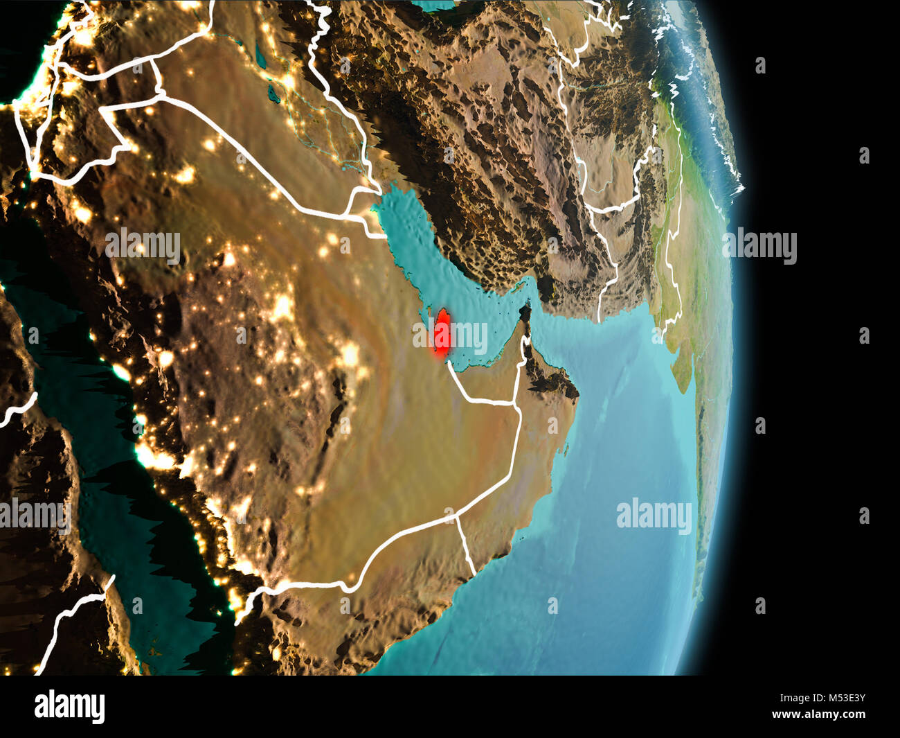 Satellite morning view of Qatar highlighted in red on planet Earth with visible border lines and ...