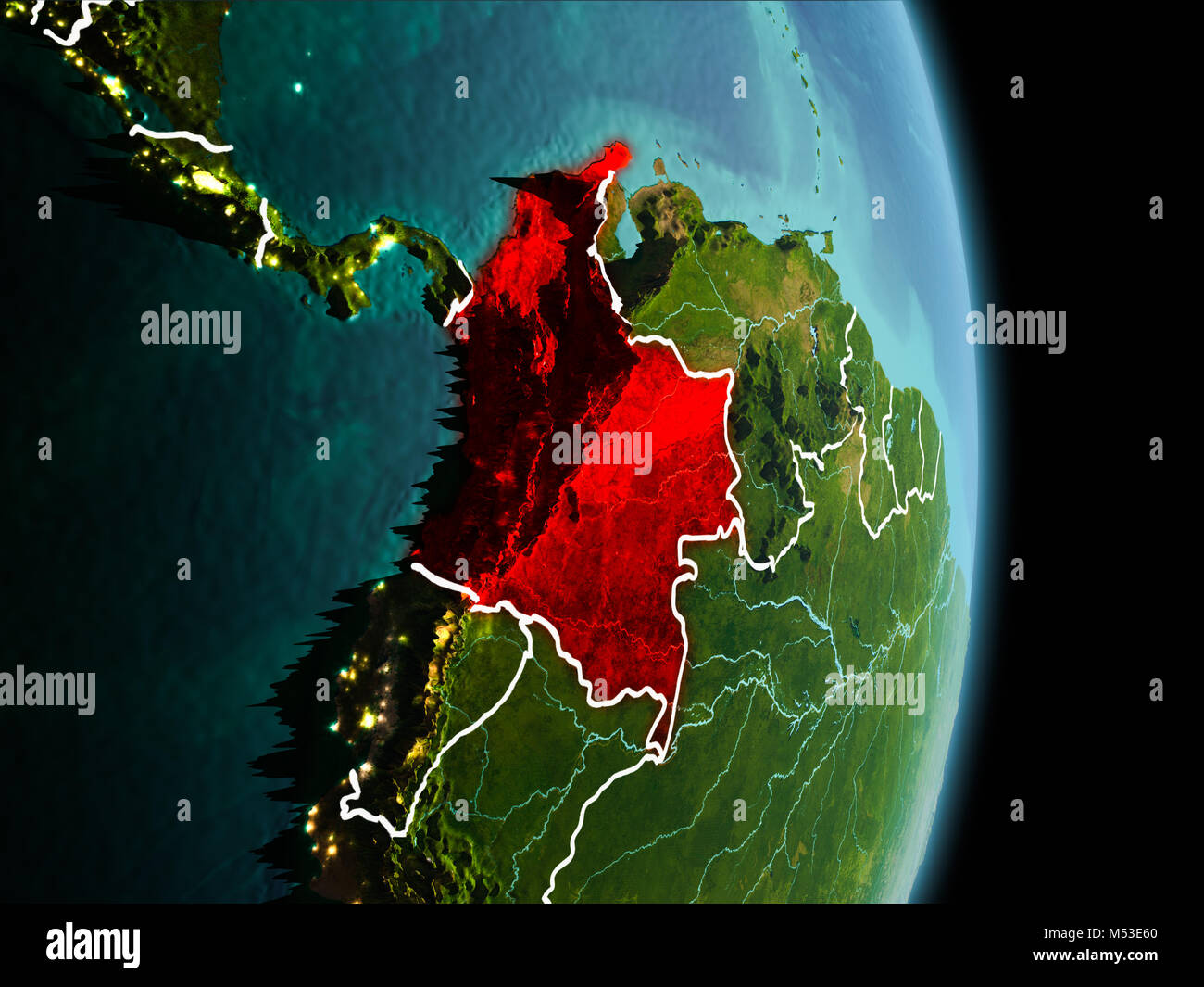 Satellite morning view of Colombia highlighted in red on planet Earth ...